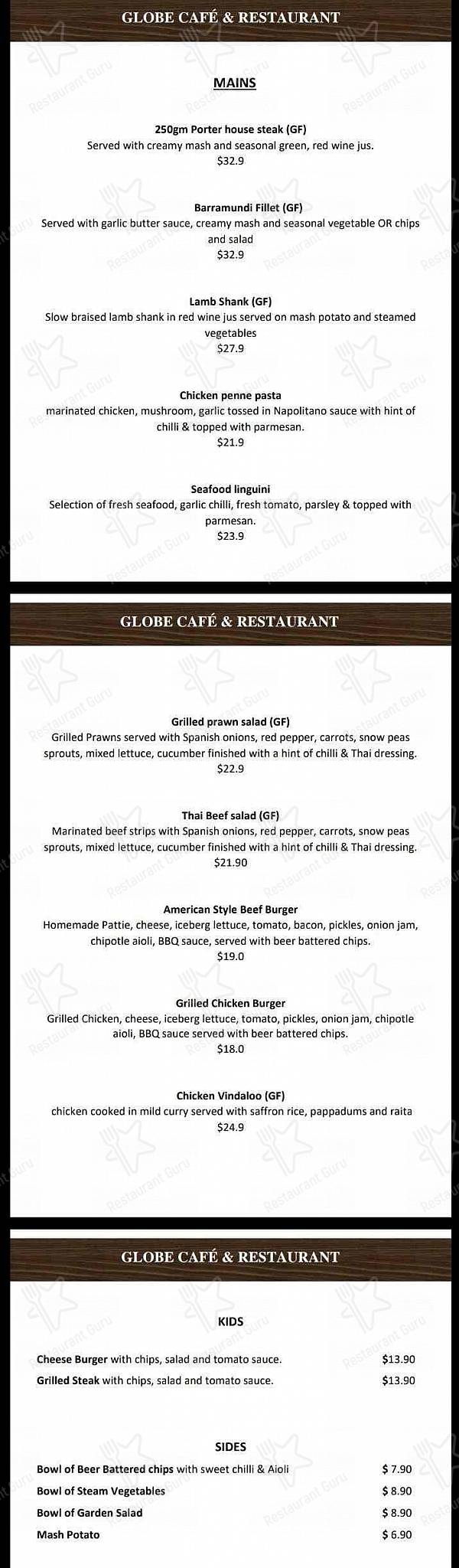 Menu at Globe Coffee House Patisserie & Restaurant, South Perth