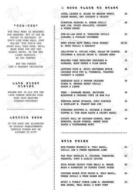 Menu at Golden Boy restaurant, Adelaide