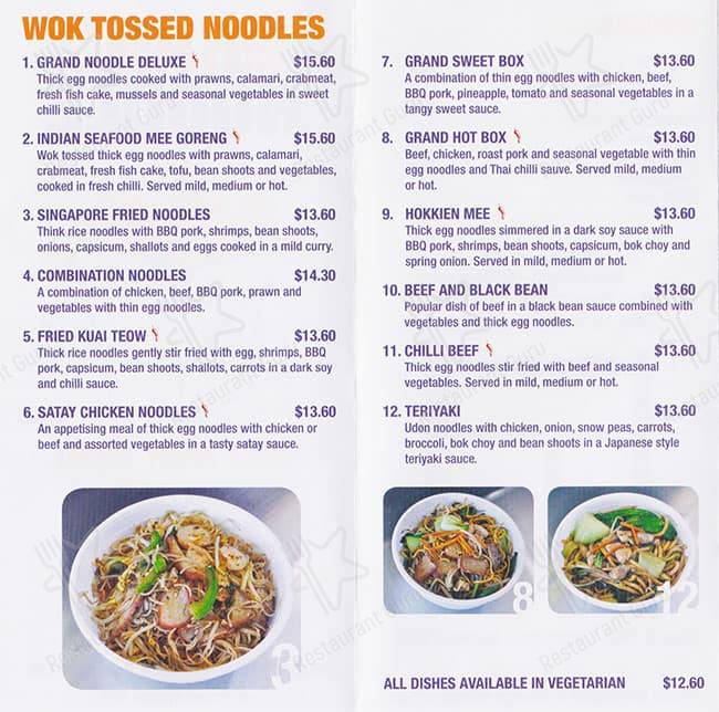 Menu at Grand Noodle fast food, Camberwell