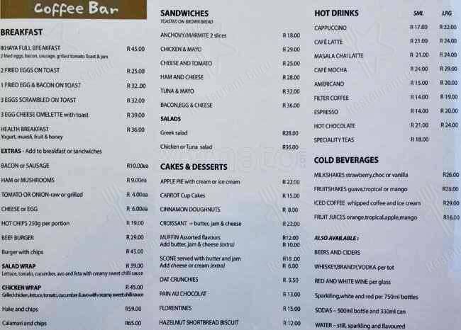 Menu at Ikhaya Coffee Bar, Cape Town