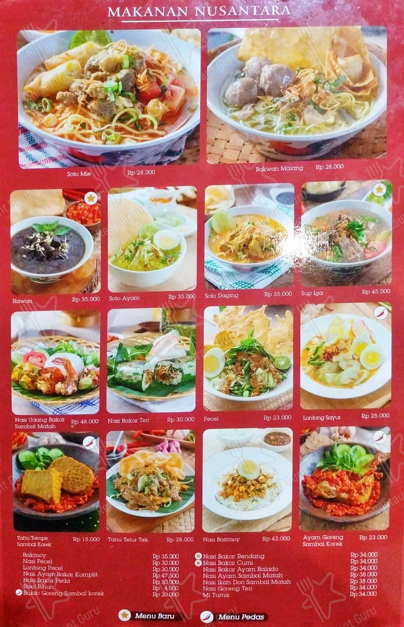 Menu at Kedai Kumala restaurant, South Jakarta