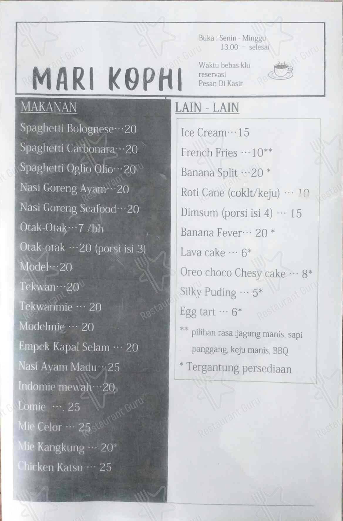 Menu at Mari Kophi, Bekasi Regency