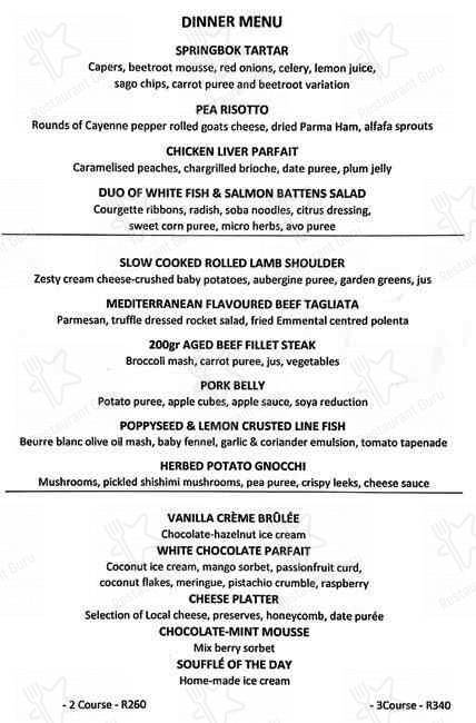 Menu at Mont Marie Restaurant, Stellenbosch
