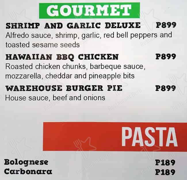 Menu at Pizza Warehouse pizzeria, Tagaytay