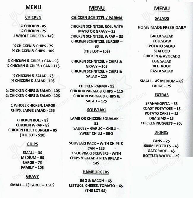Menu at St. George's Charcoal Chicken fast food, Fitzroy North