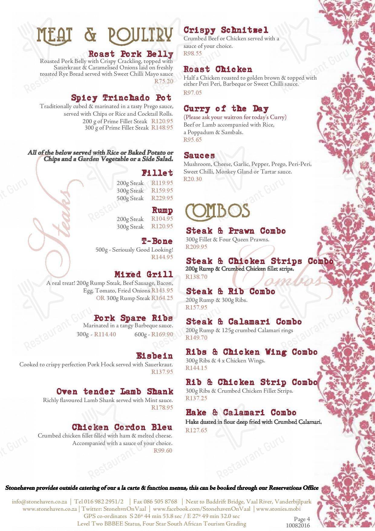 Menu at Stonehaven on Vaal restaurant, Vanderbijlpark