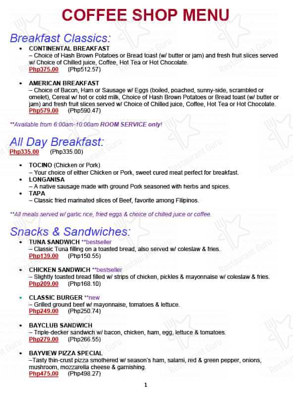 Menu at The Coffeeshop - Bayview Park Hotel Manila cafe, Manila