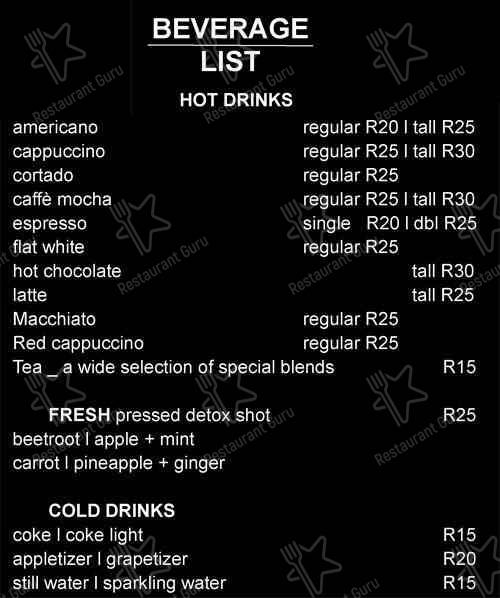 Menu au food LAB restaurant, Le Cap