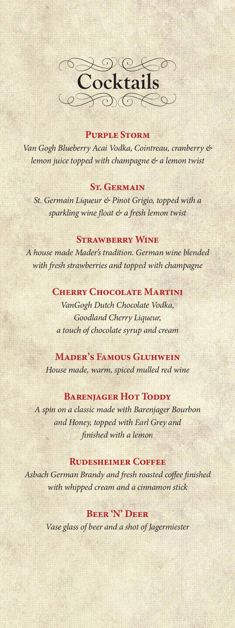 Menu at Mader's Restaurant, Milwaukee
