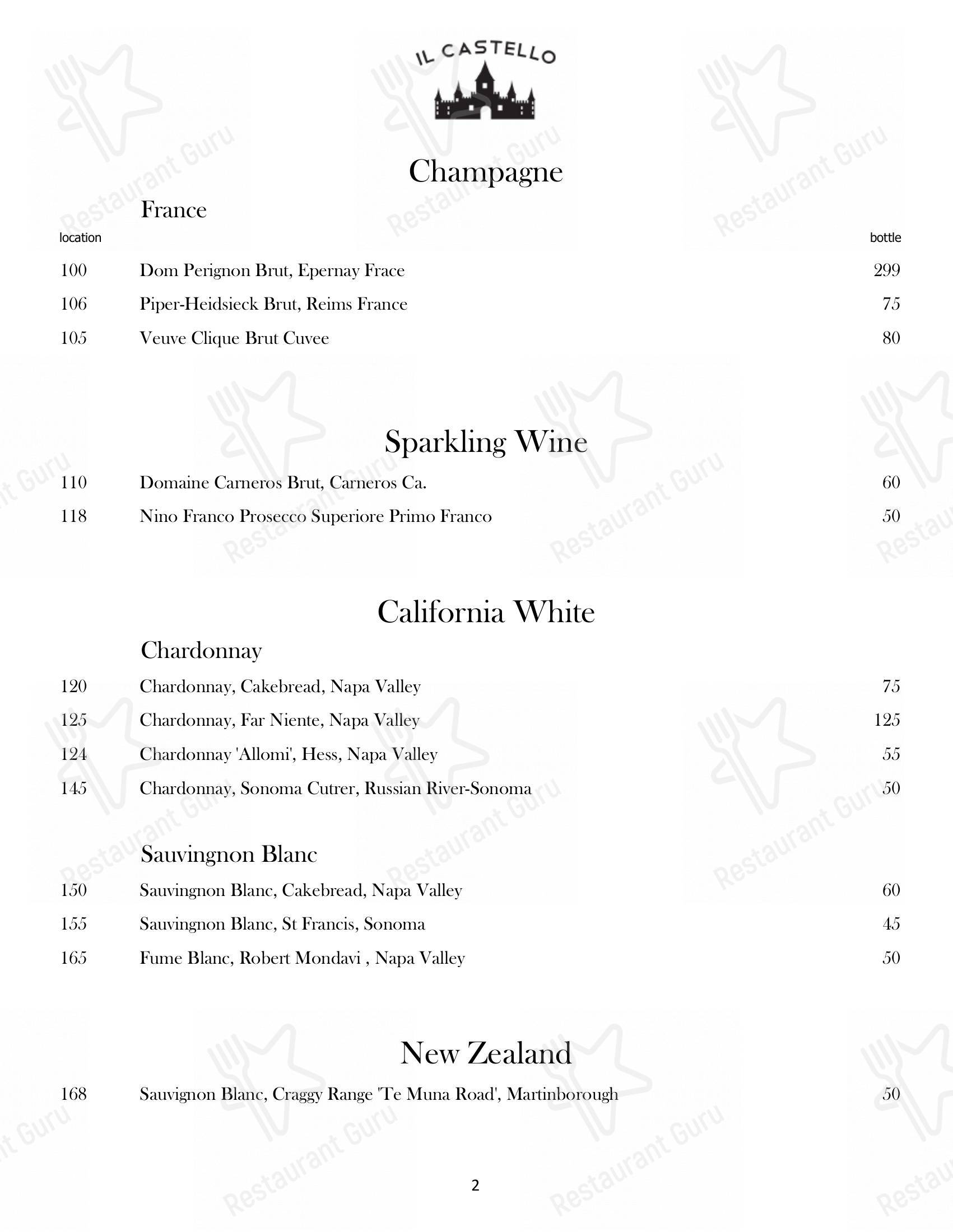 Menu at il Castello restaurant, Mamaroneck