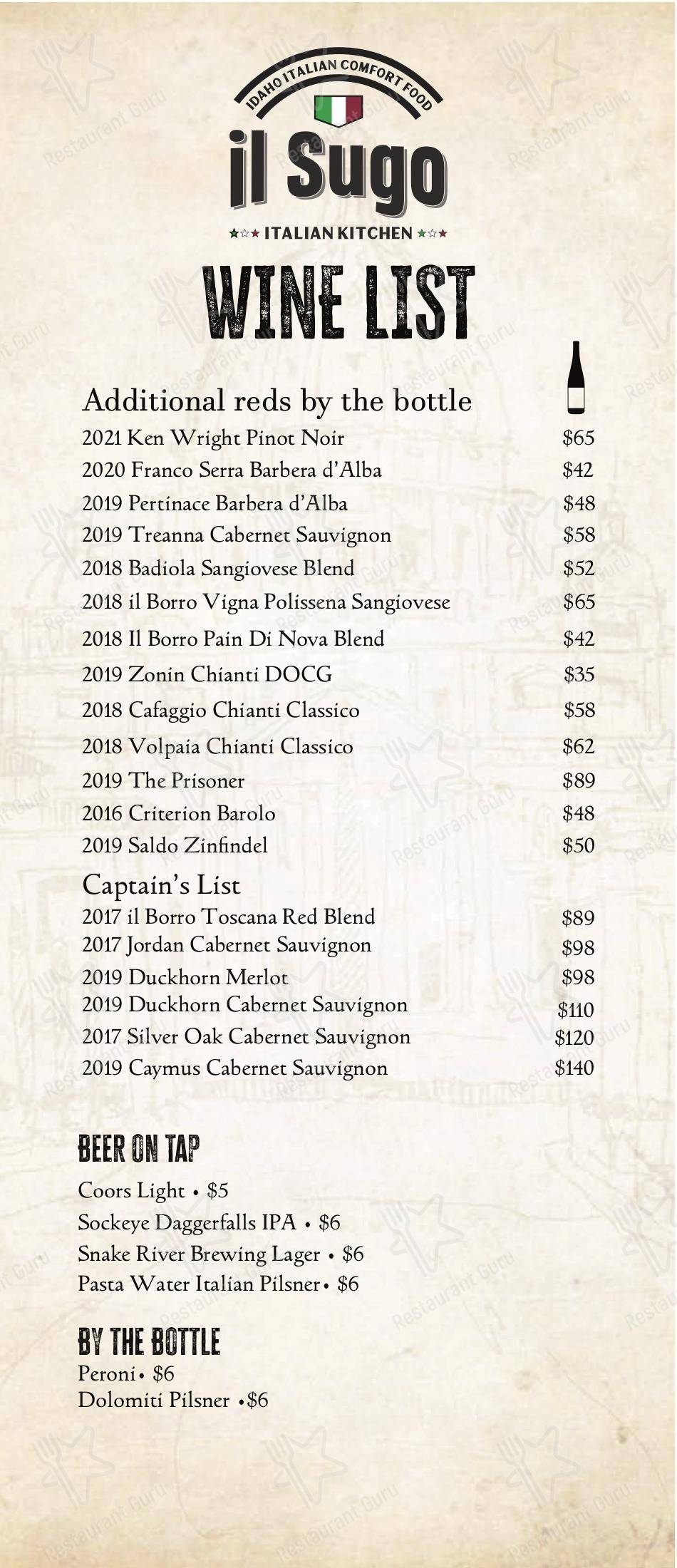 Menu at il Sugo Italian Kitchen restaurant, Meridian
