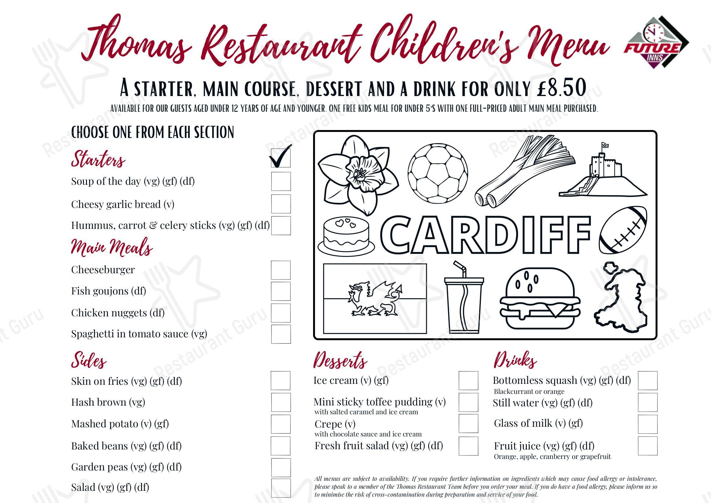Menu at Future Inn Cardiff Bay restaurant, Cardiff, Hemingway Rd