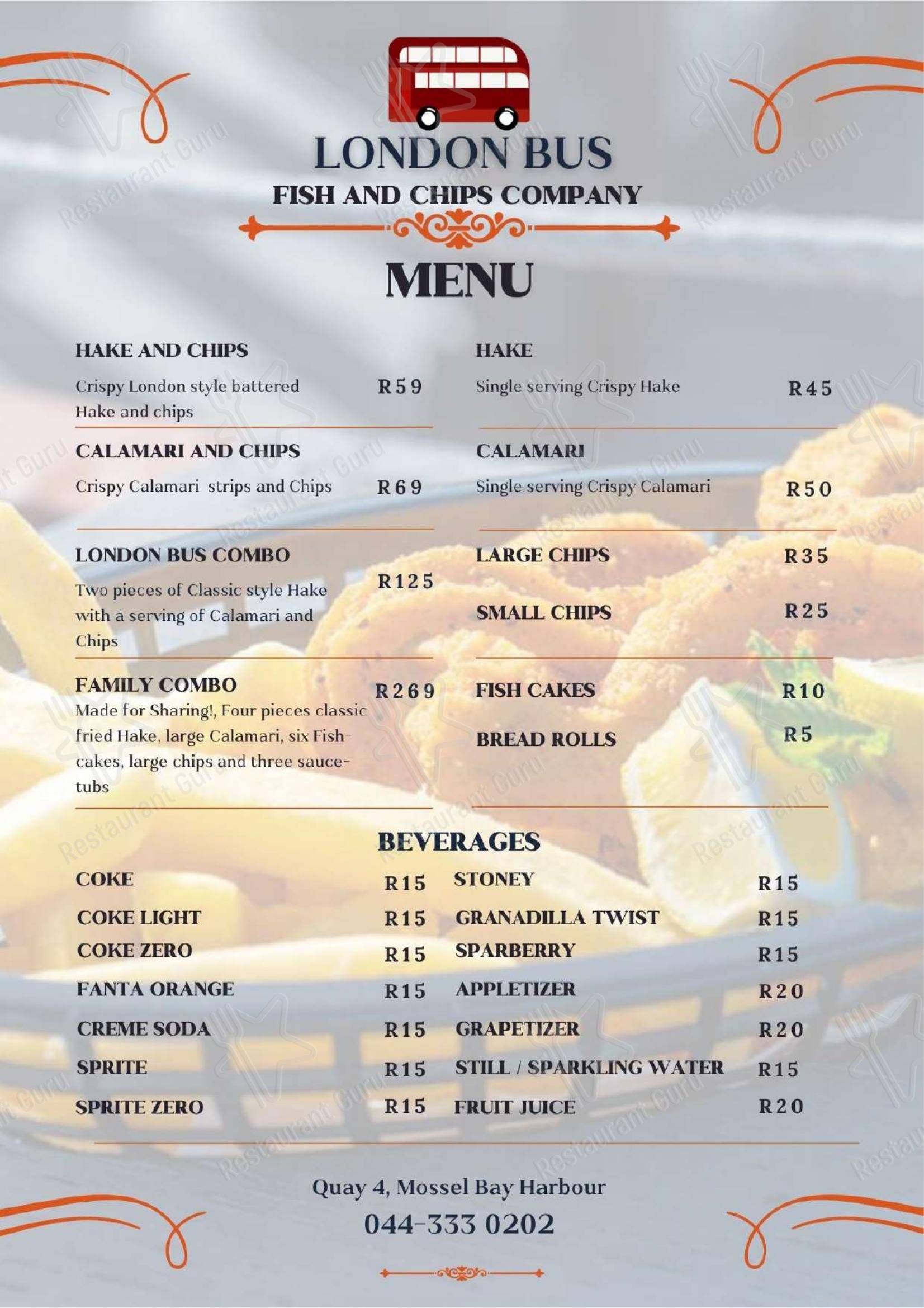 Menu at london bus fish and chips company restaurant, Mossel Bay