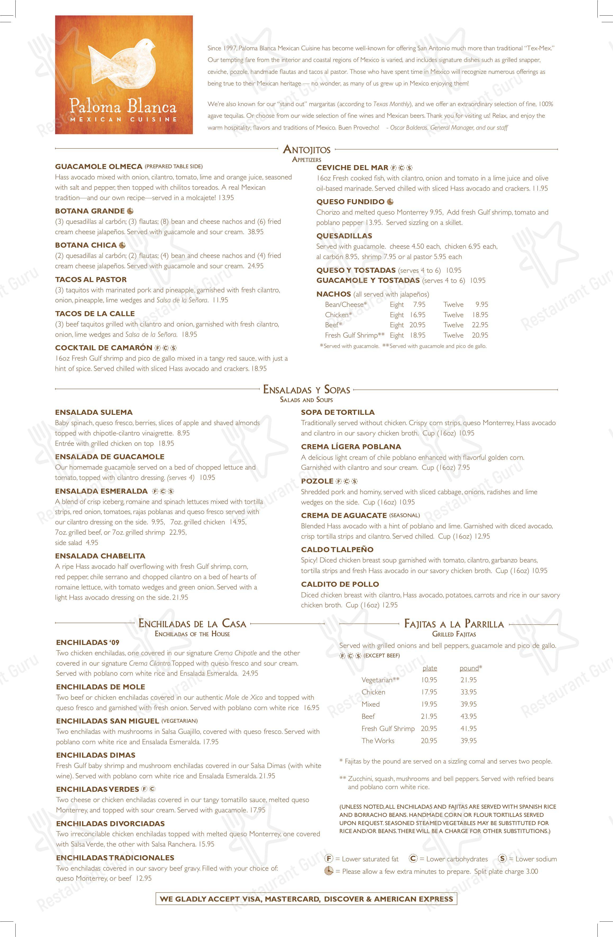 Menu at Paloma Blanca Mexican Cuisine restaurant, San Antonio