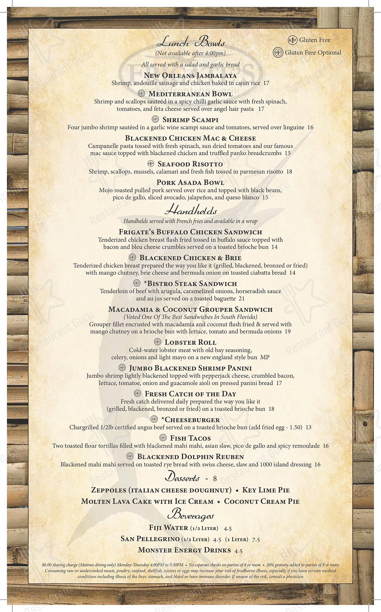 Menu at Frigate's Waterfront Bar & Grill - Melbourne, Melbourne
