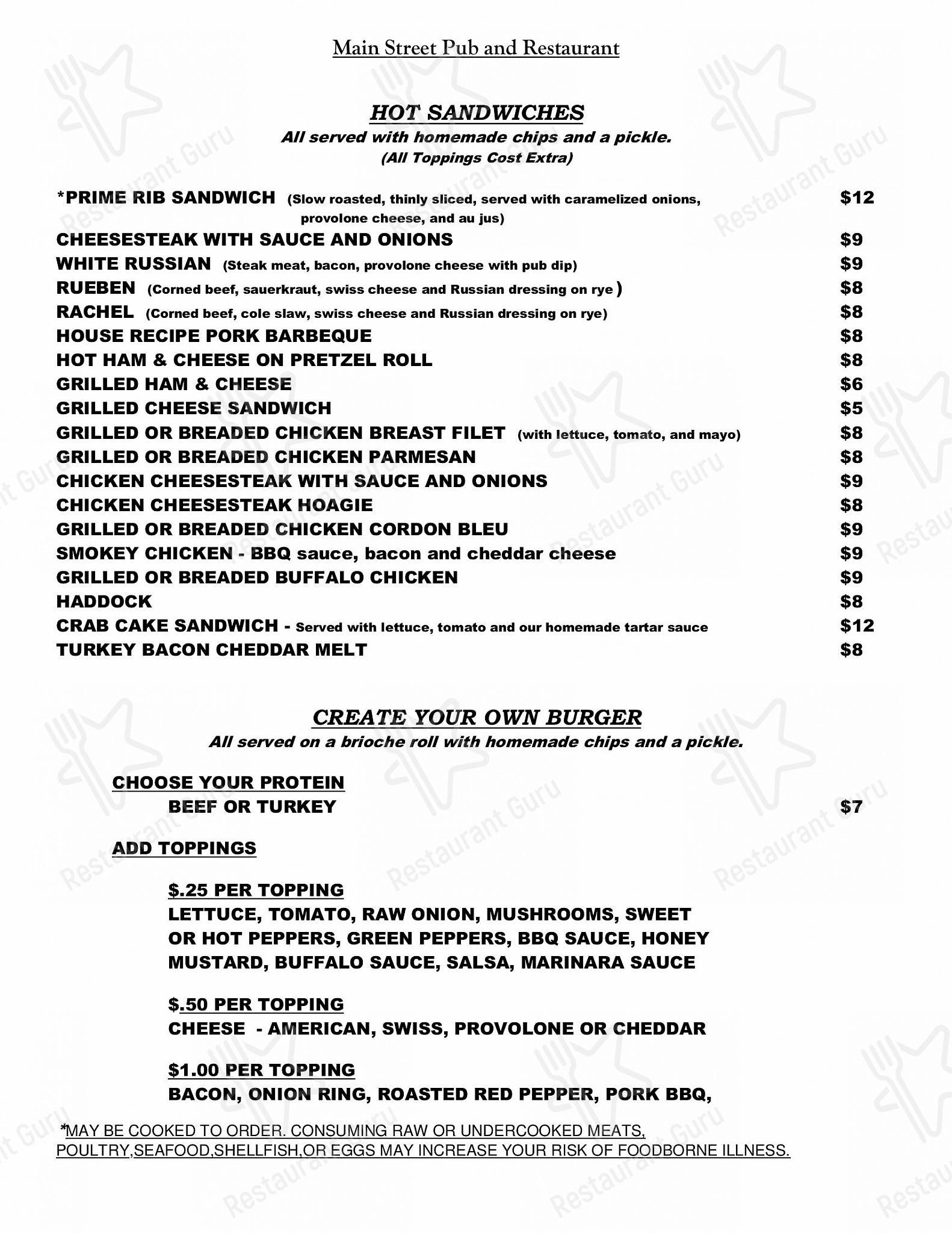 Menu at Main Street Pub, Bally