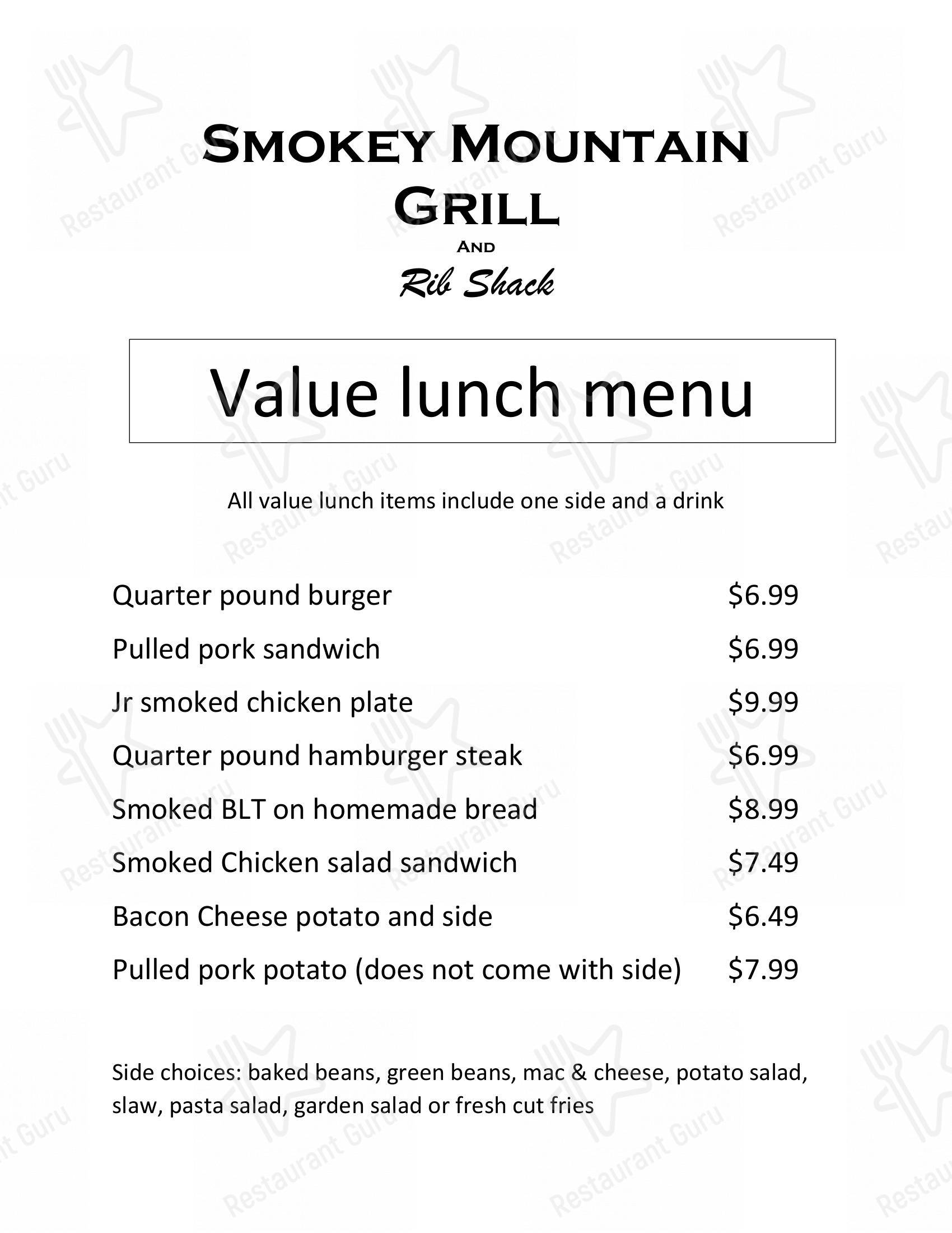 Menu at Smokey Mountain Grill & Rib Shack steakhouse, Mendenhall