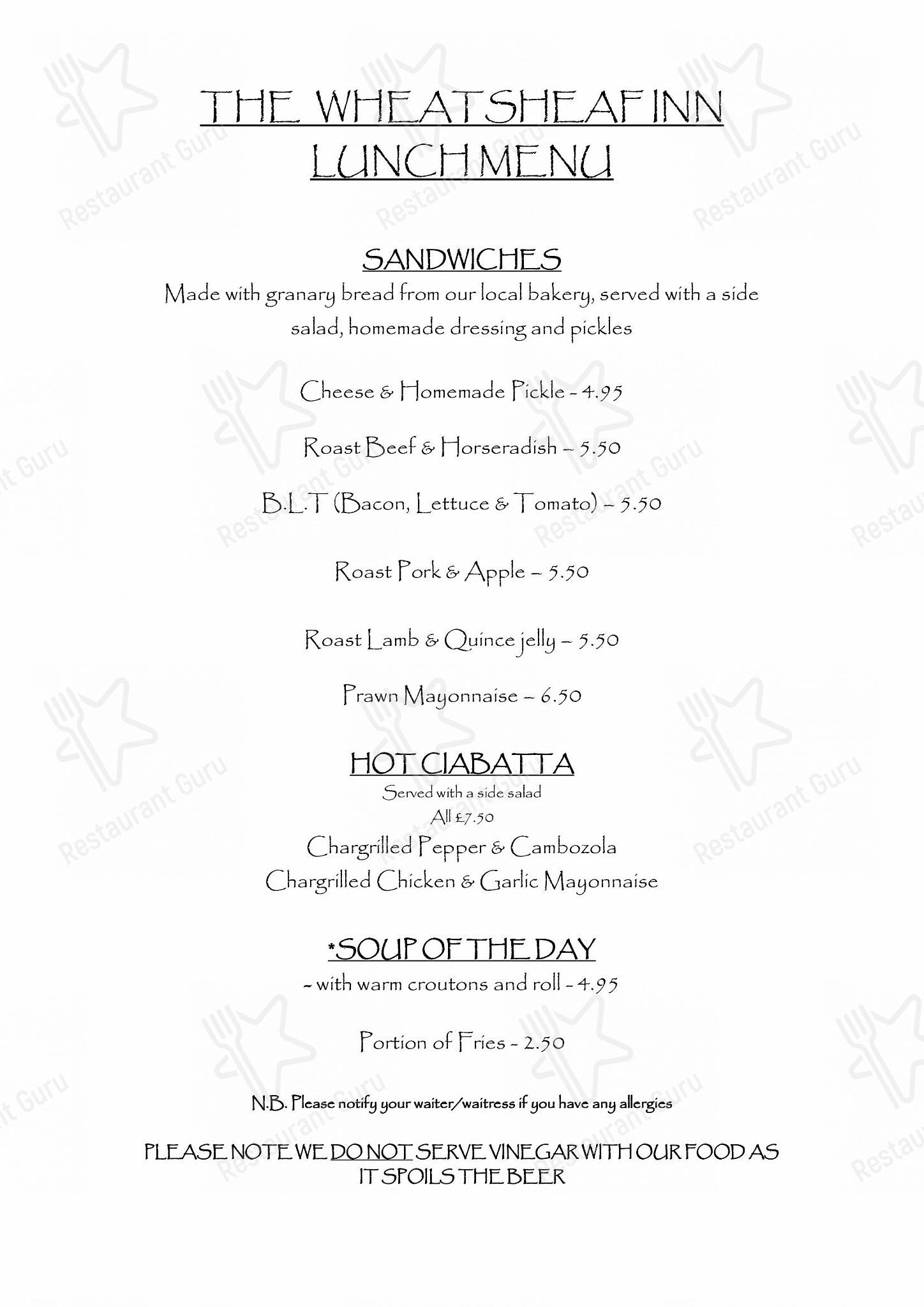 Menu at Wheatsheaf Inn restaurant, Egton, Wheatsheaf Inn