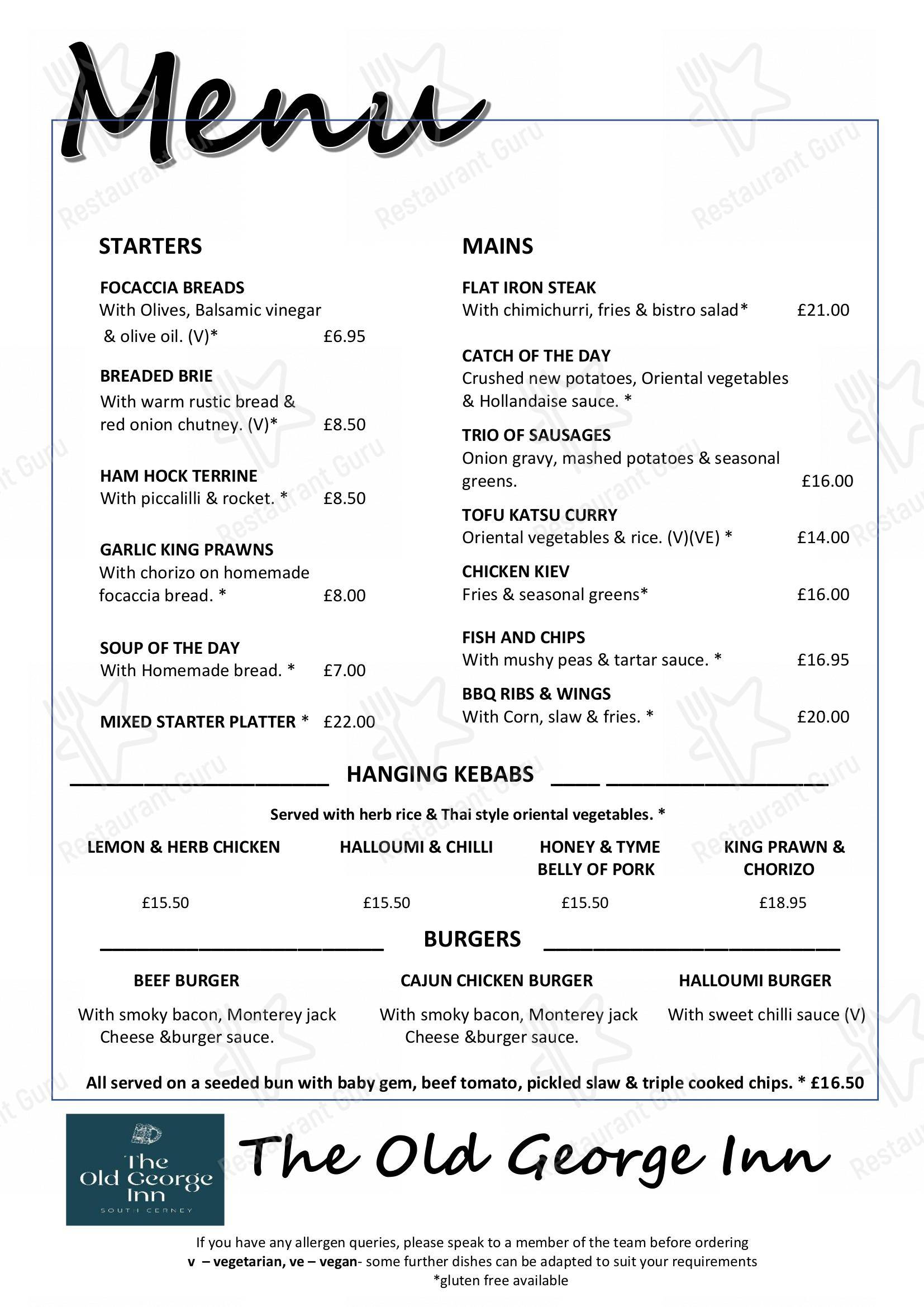 Menu at The Old George Inn pub & bar, Cirencester