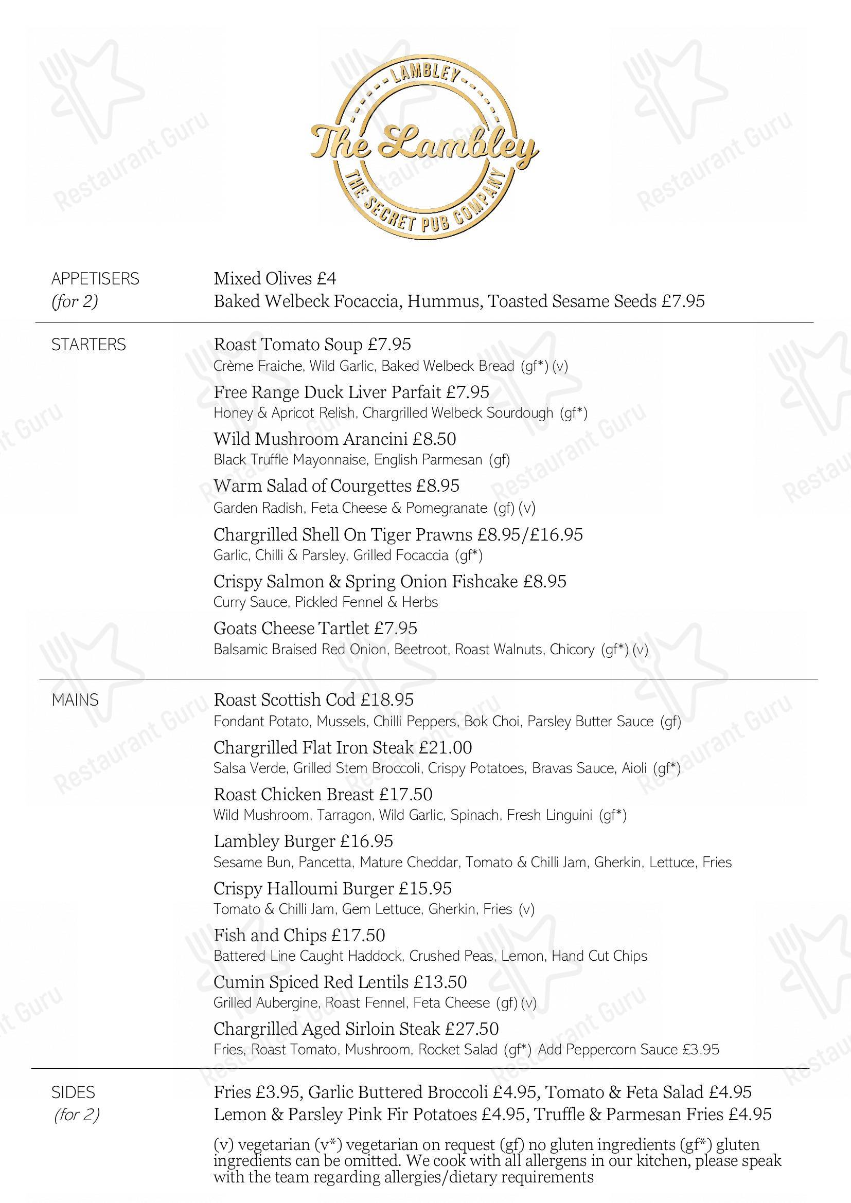 Menu at The Lambley restaurant, Nottingham
