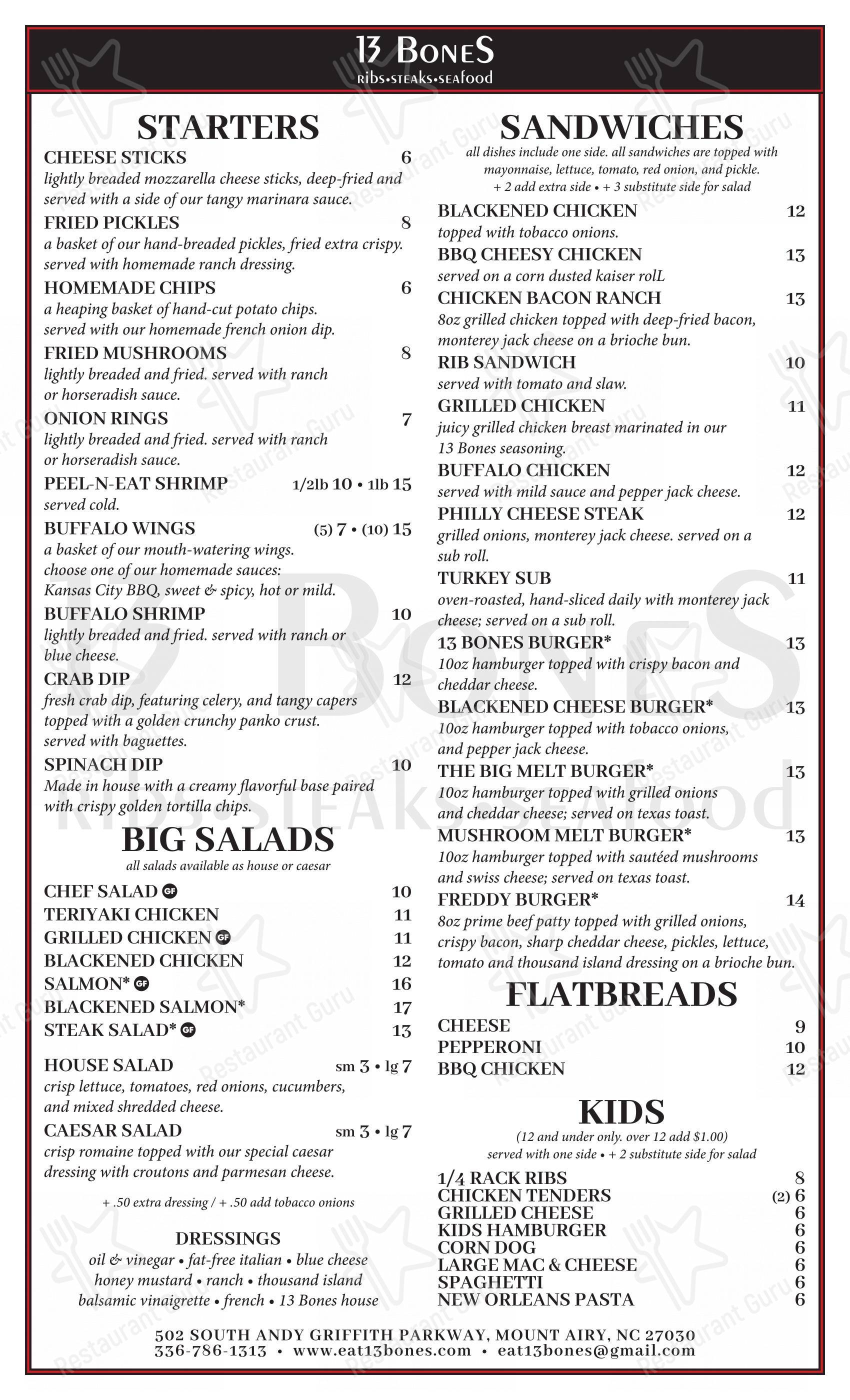 Menu at 13 Bones Restaurant, Mount Airy