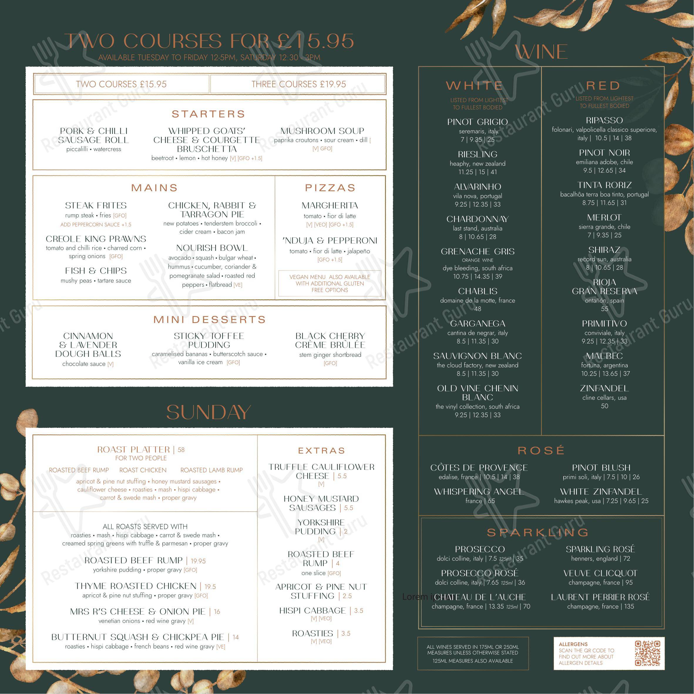 Menu at Albert's Standish restaurant, Wigan