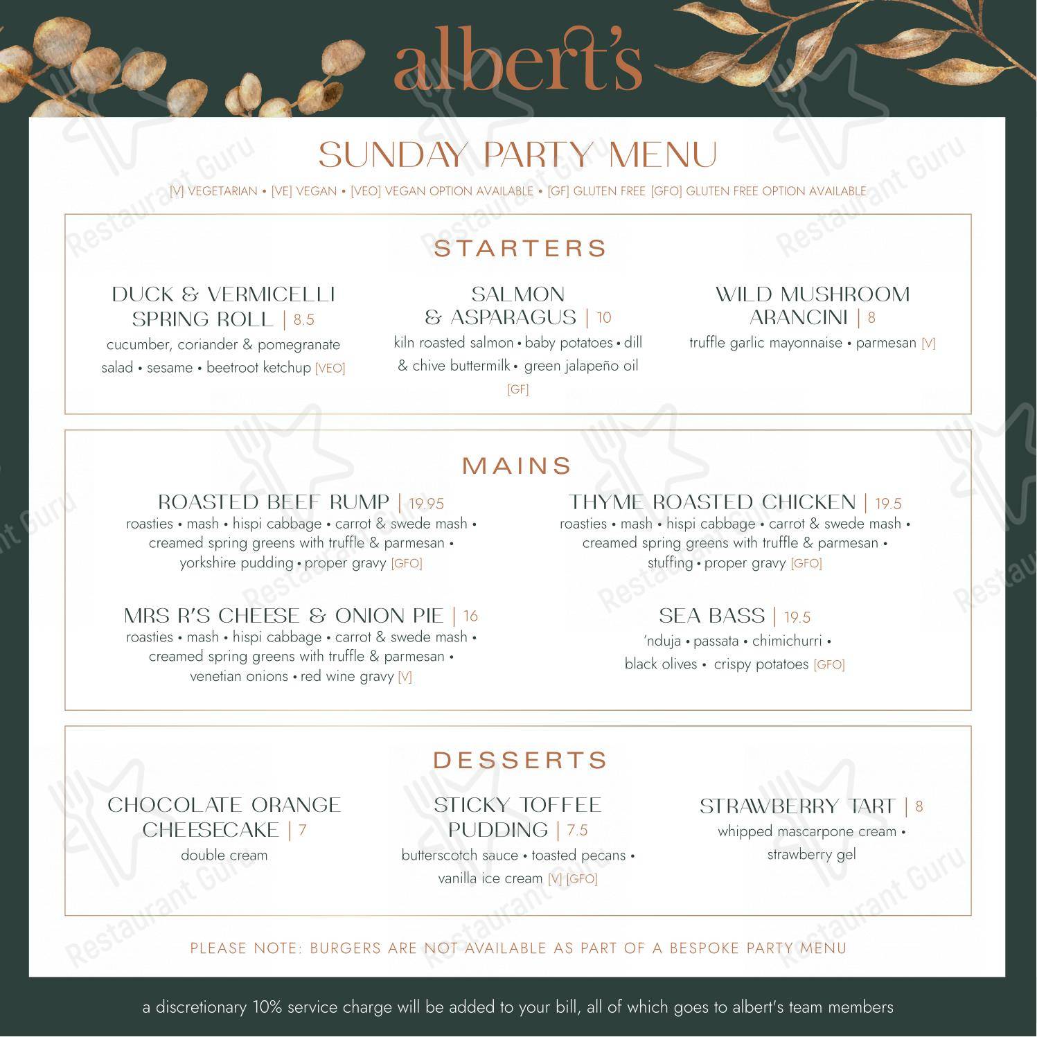 Menu at Albert's Standish restaurant, Wigan