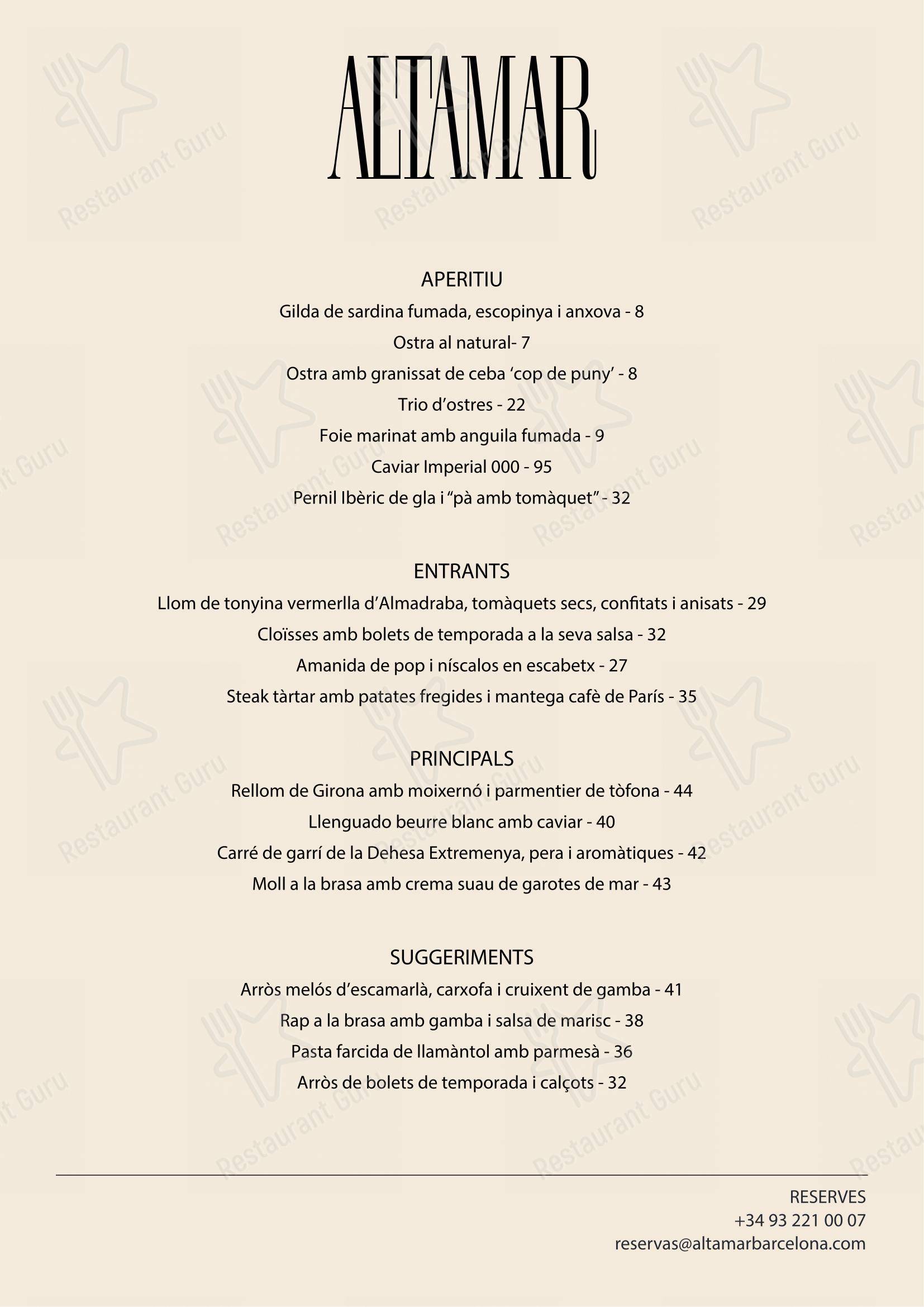 Carta de Altamar Restaurant, Barcelona, Pg. de Joan de Borbó