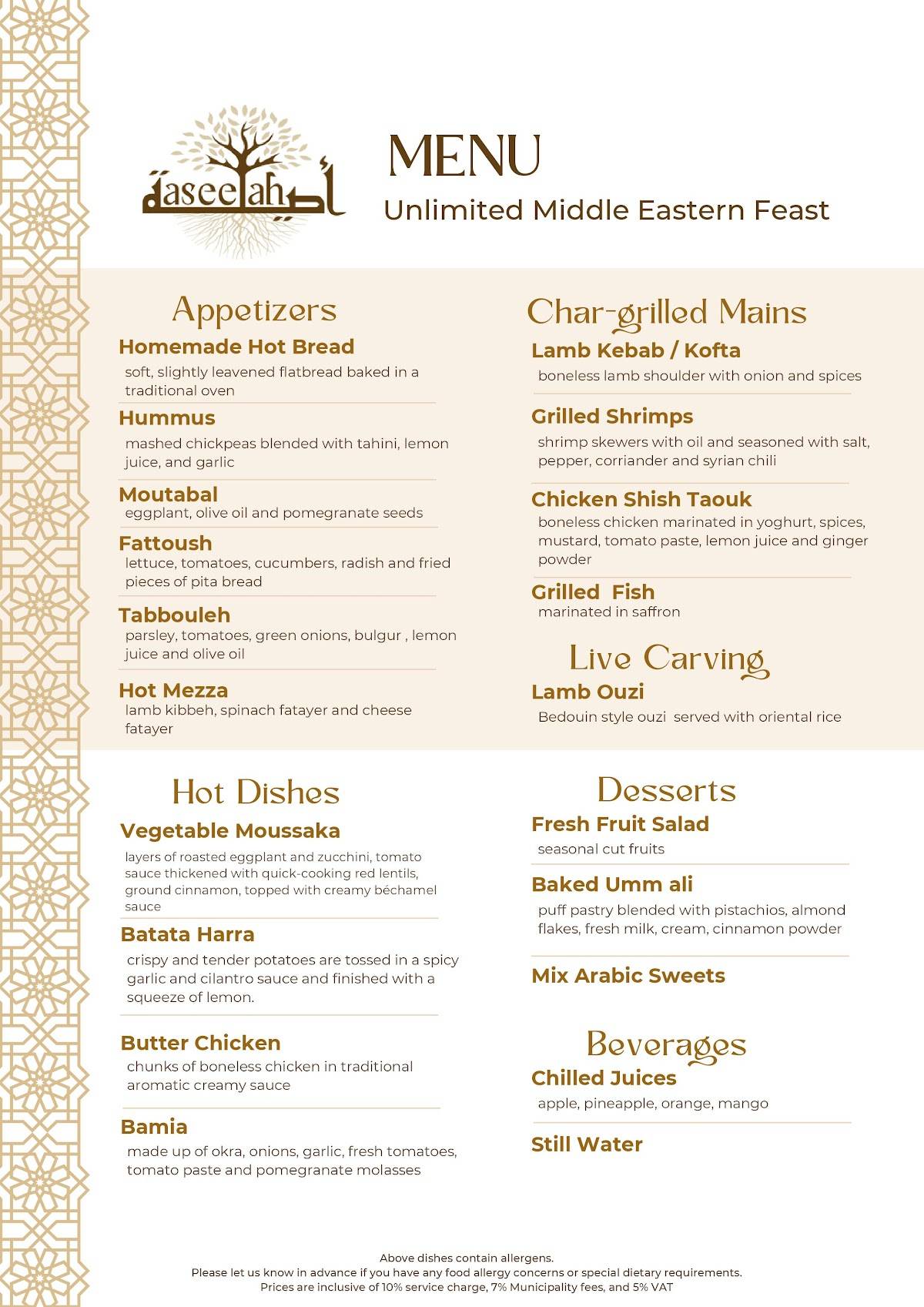 Menu at Aseelah Middle Eastern & Emirati Restaurant, Dubai