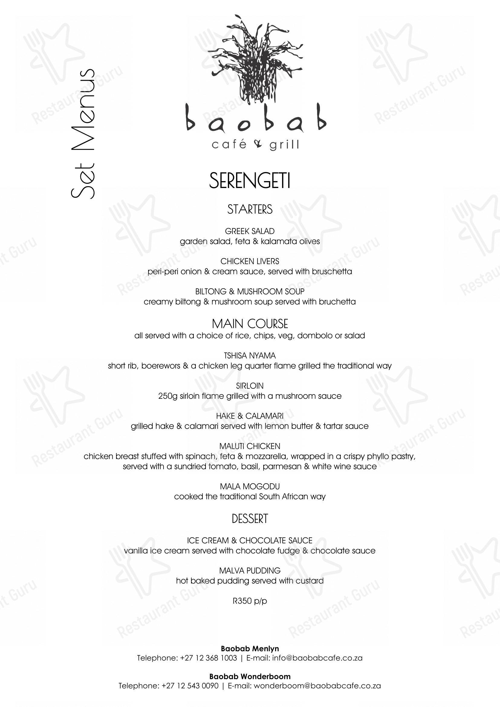 Menu at Baobab Cafe & Grill, Pretoria, Menlyn Shopping Centre