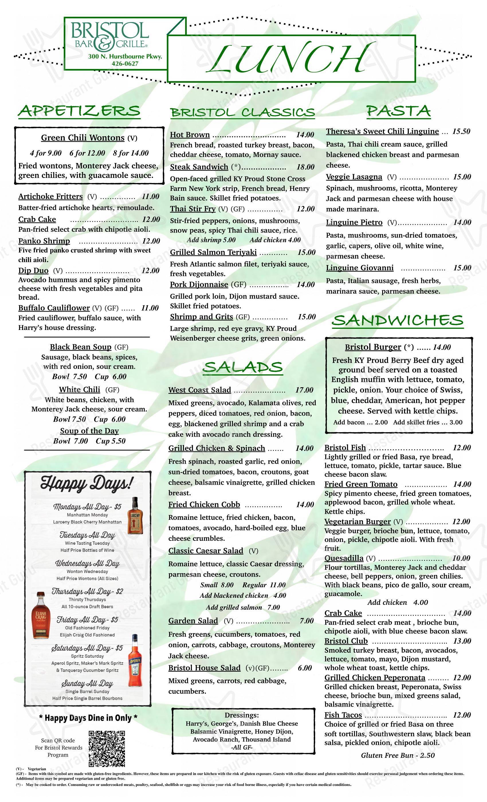 Menu at Bristol Bar & Grille East, Louisville, 300 N Hurstbourne Pkwy