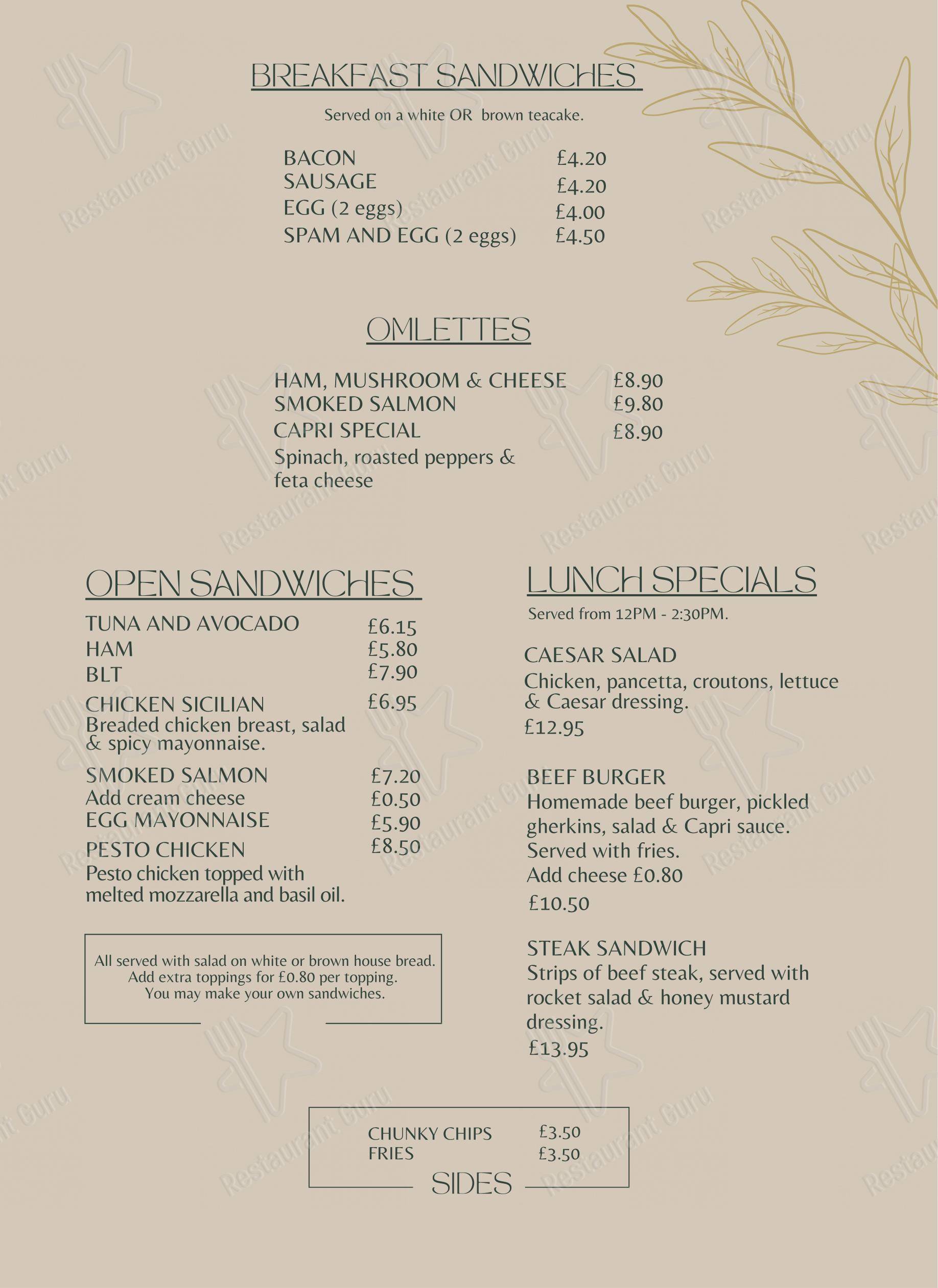 Menu at Capri @ The Vine restaurant, Wakefield