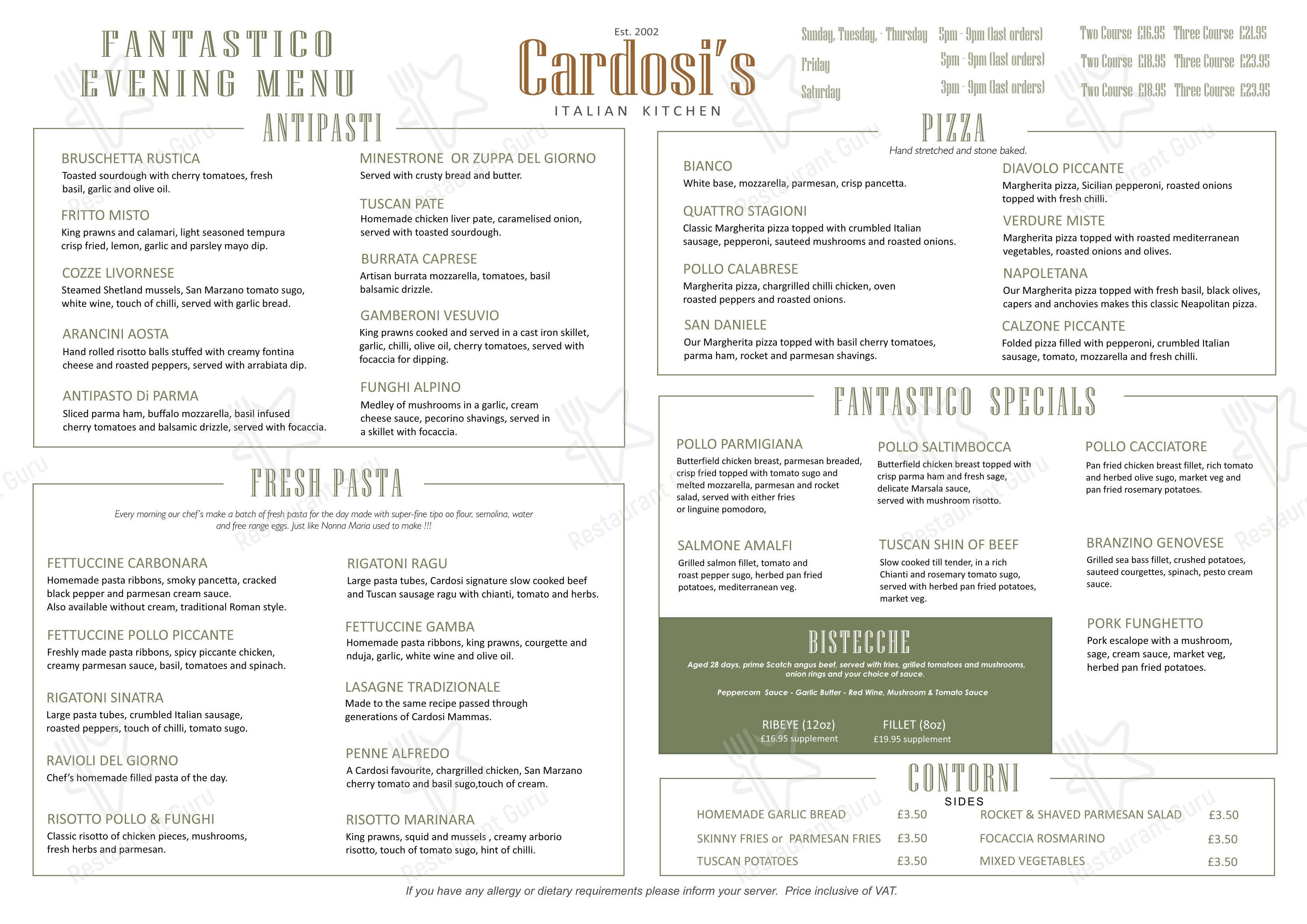 Menu at Cardosi's restaurant, Paisley, 4 Storie St