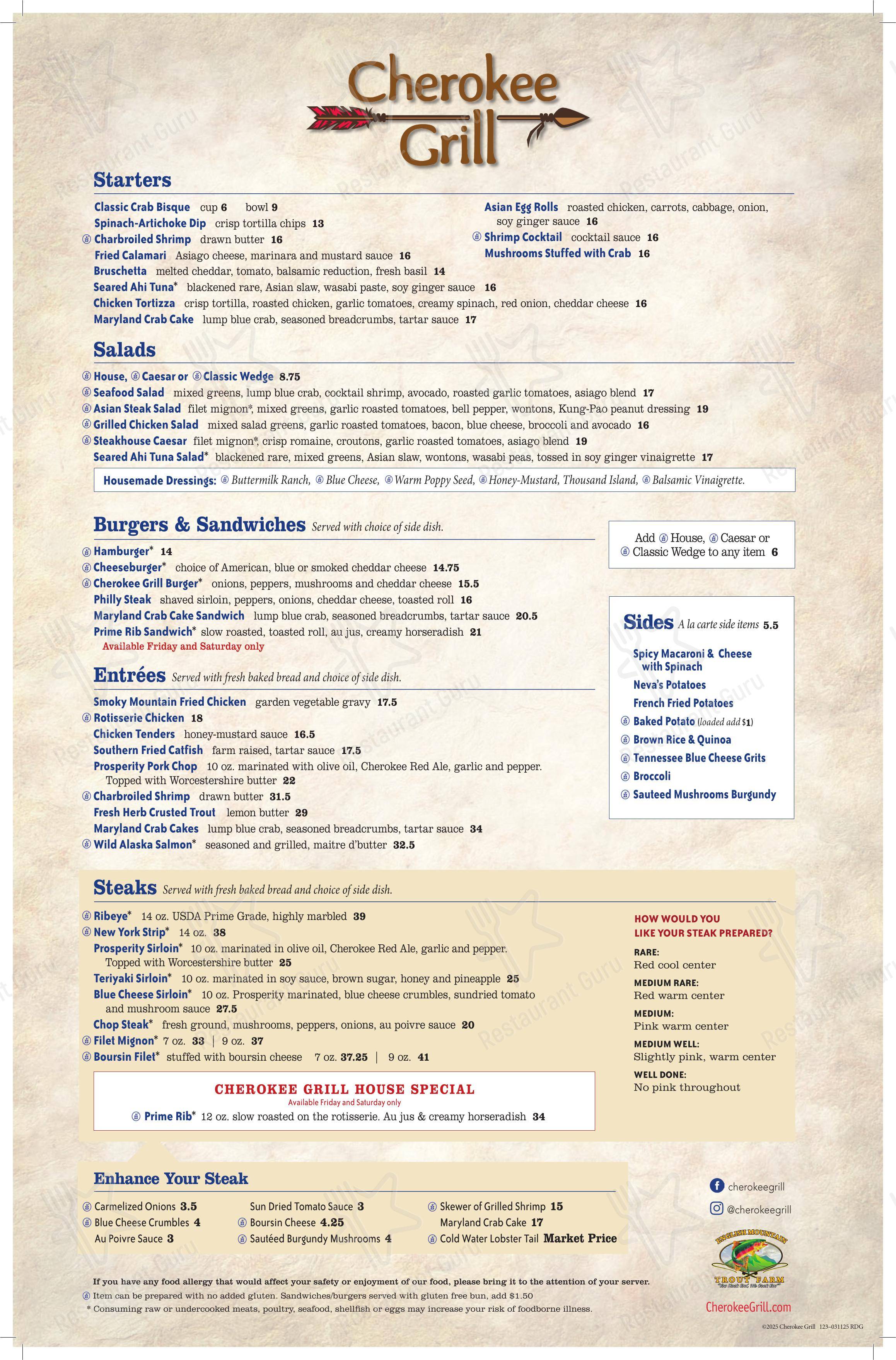 Menu at Cherokee Grill and Steakhouse, Gatlinburg