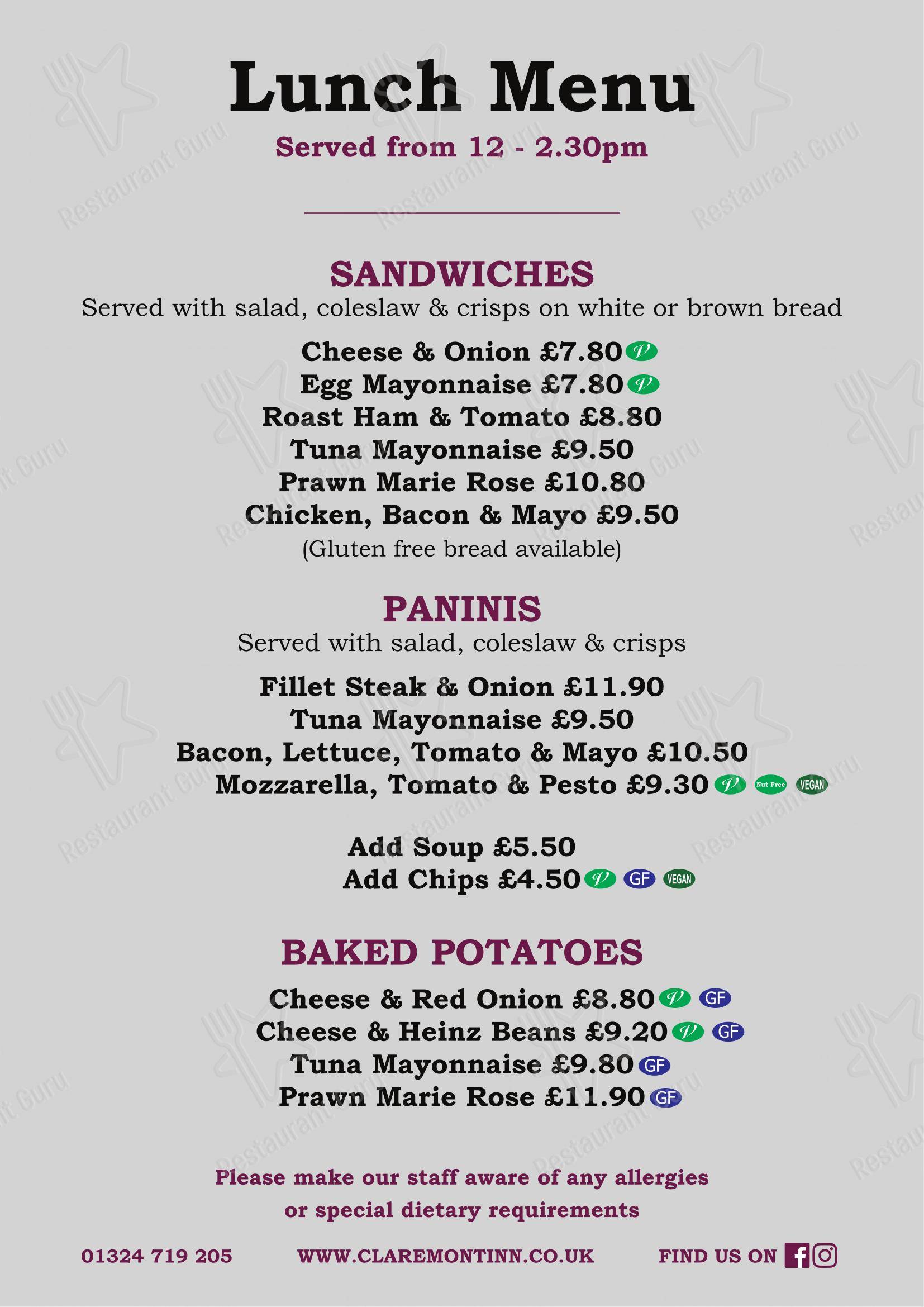 Menu at Claremont Inn pub & bar, Polmont