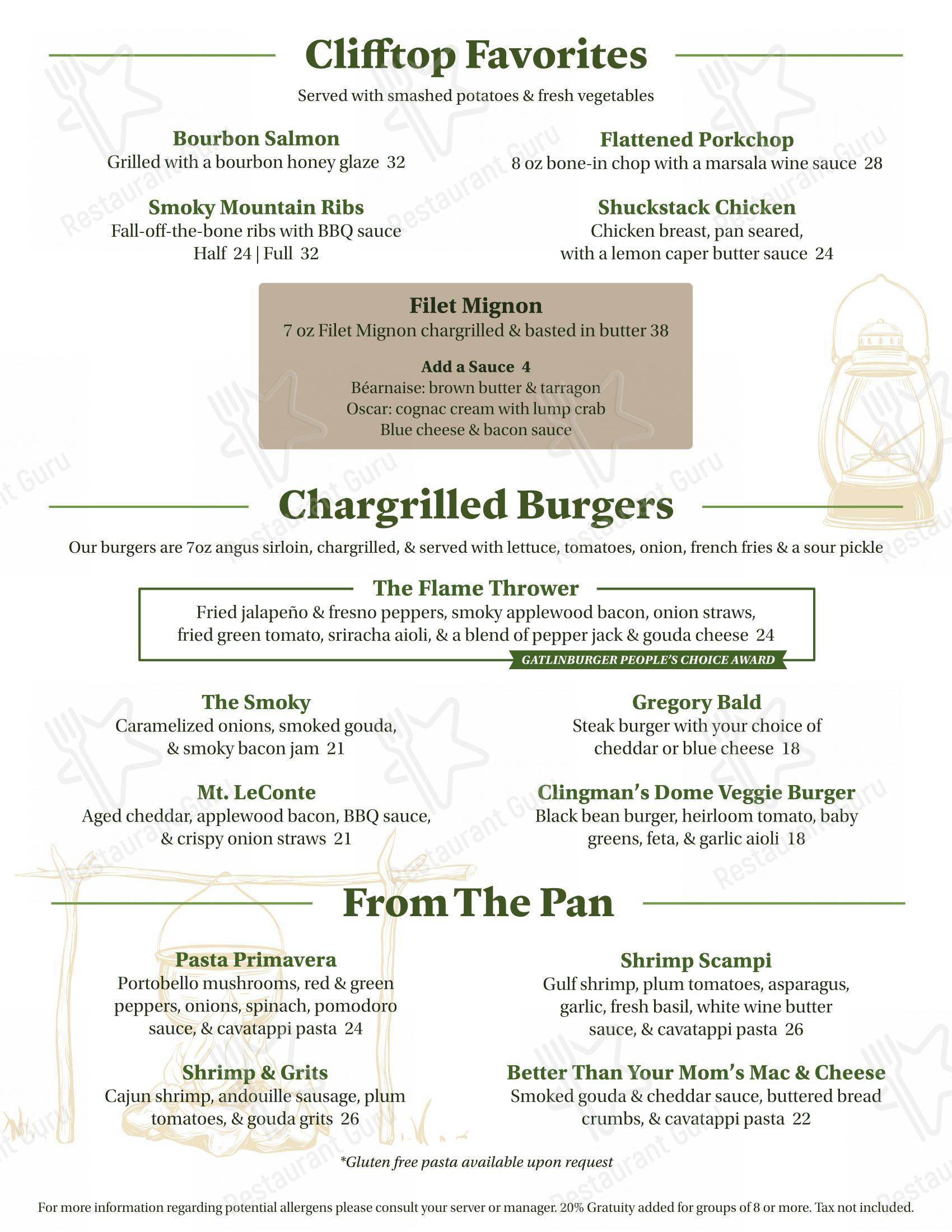 Menu at Cliff Top Restaurant at Anakeesta, Gatlinburg