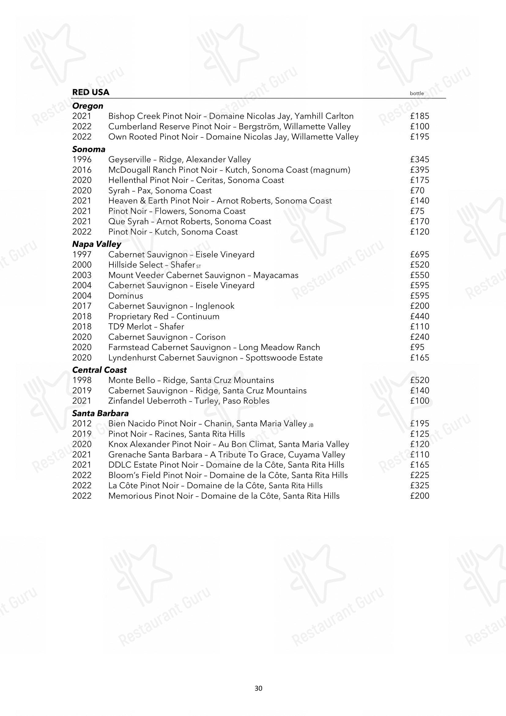 Menu at Dorian Restaurant, London