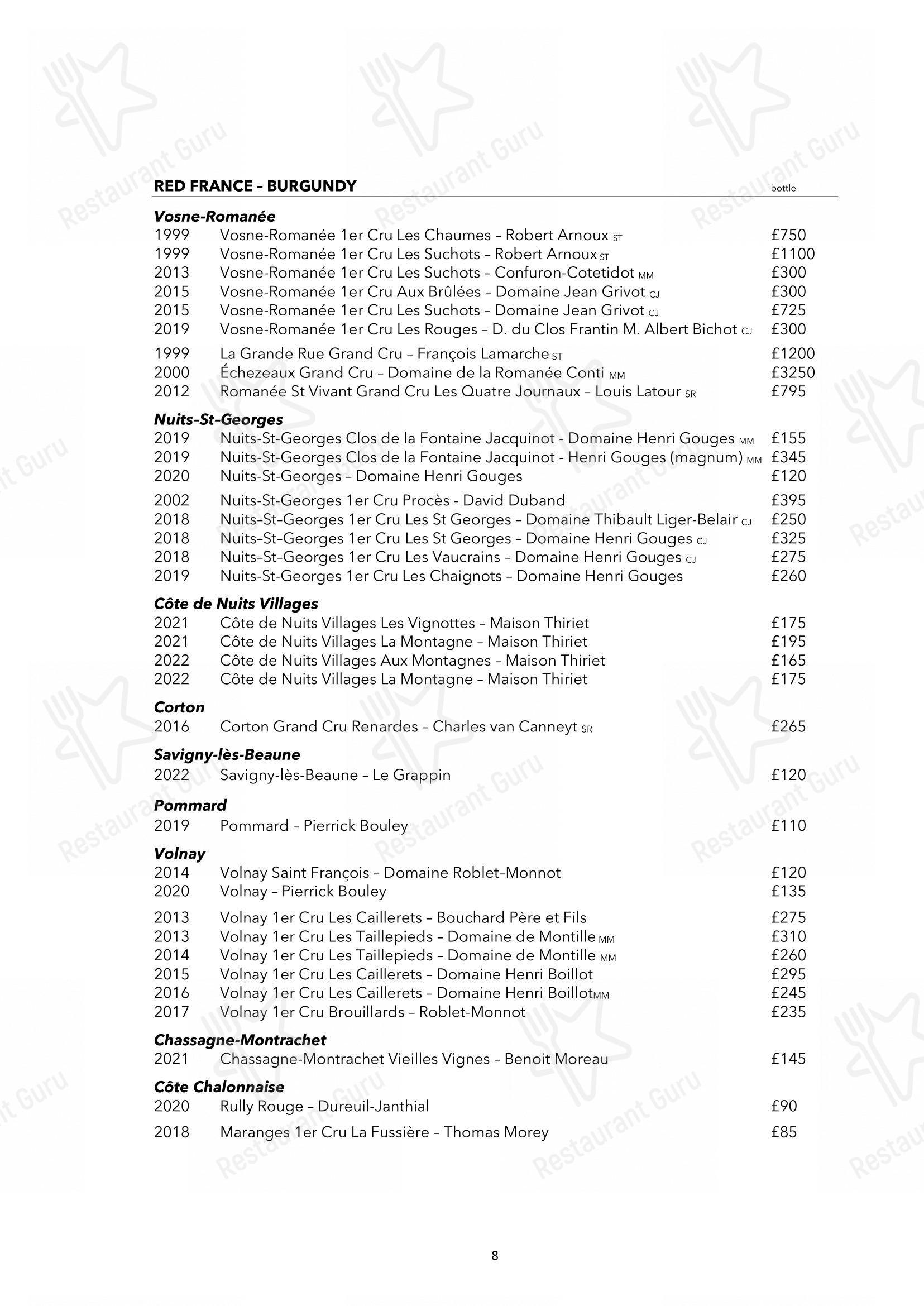 Menu at Dorian Restaurant, London