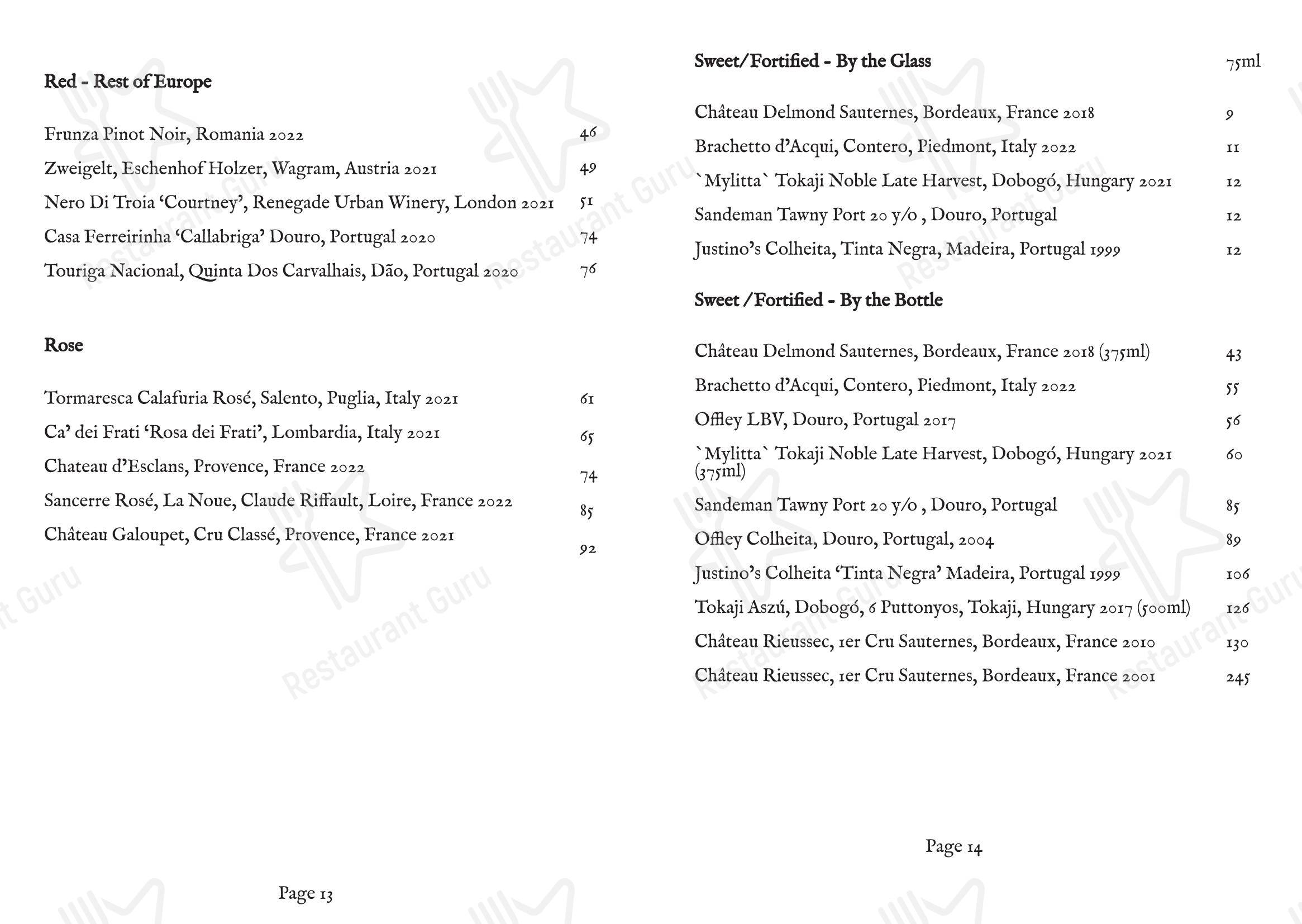 Menu at Fallow restaurant, London