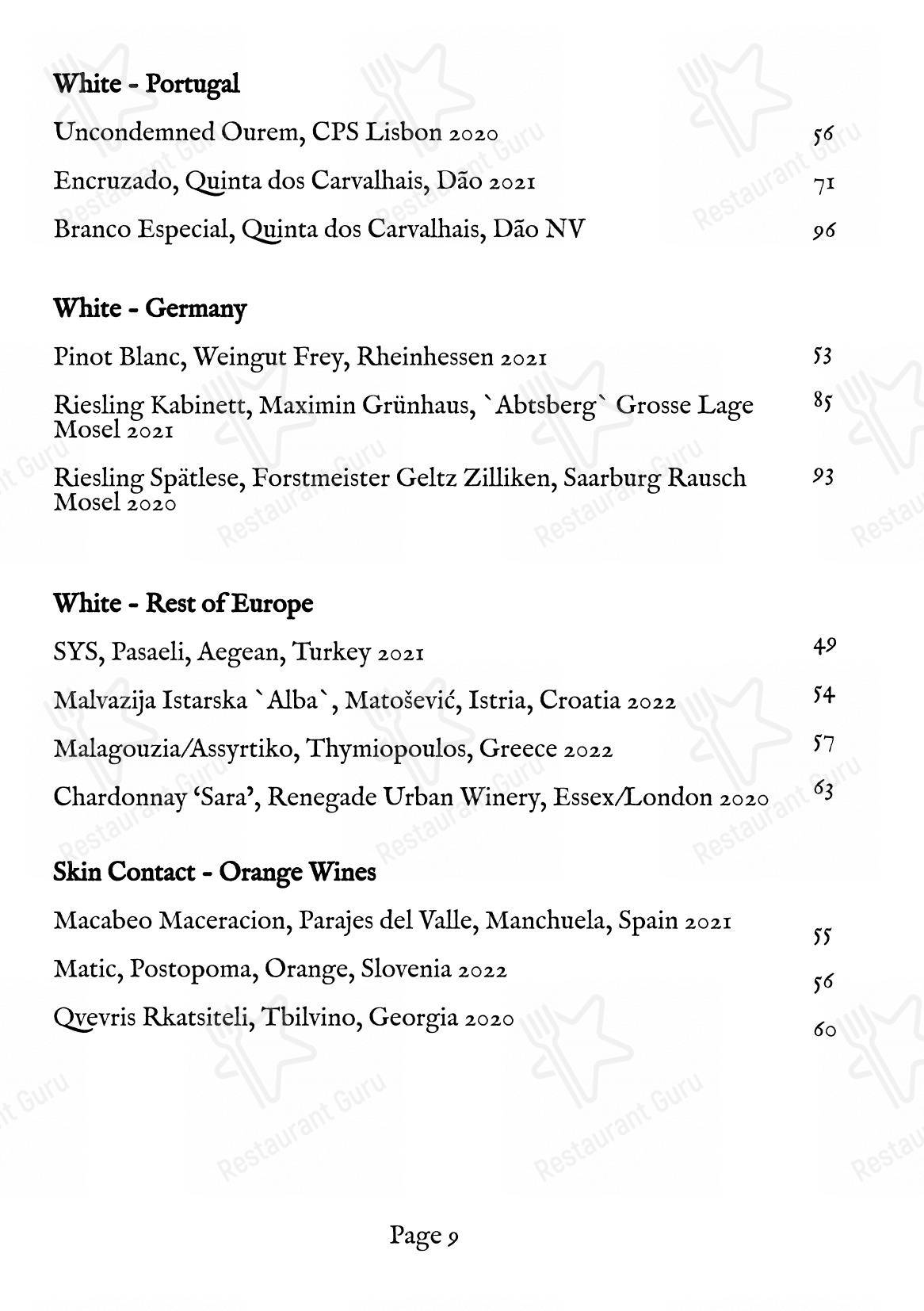 Menu at Fallow restaurant, London