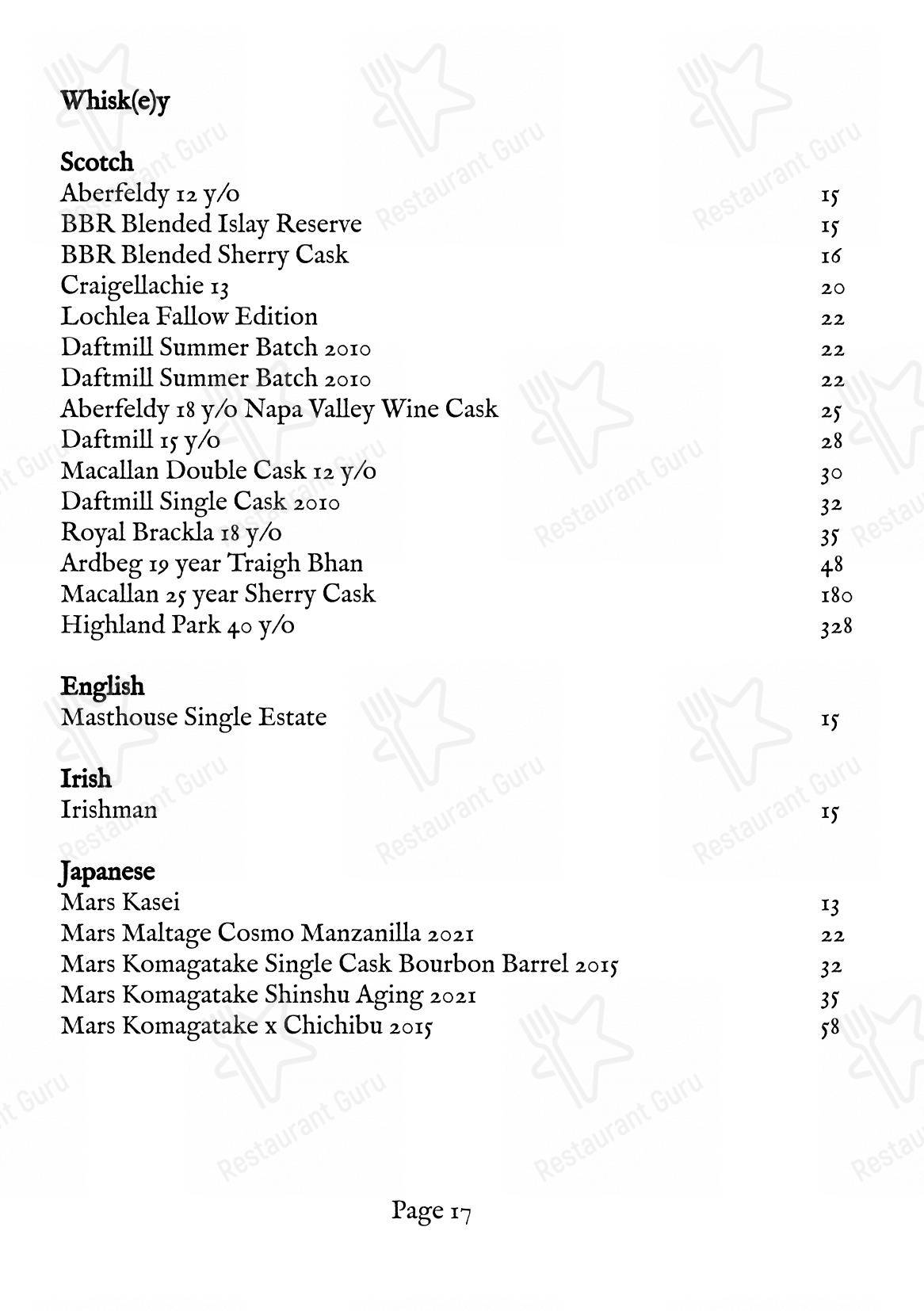 Menu at Fallow restaurant, London