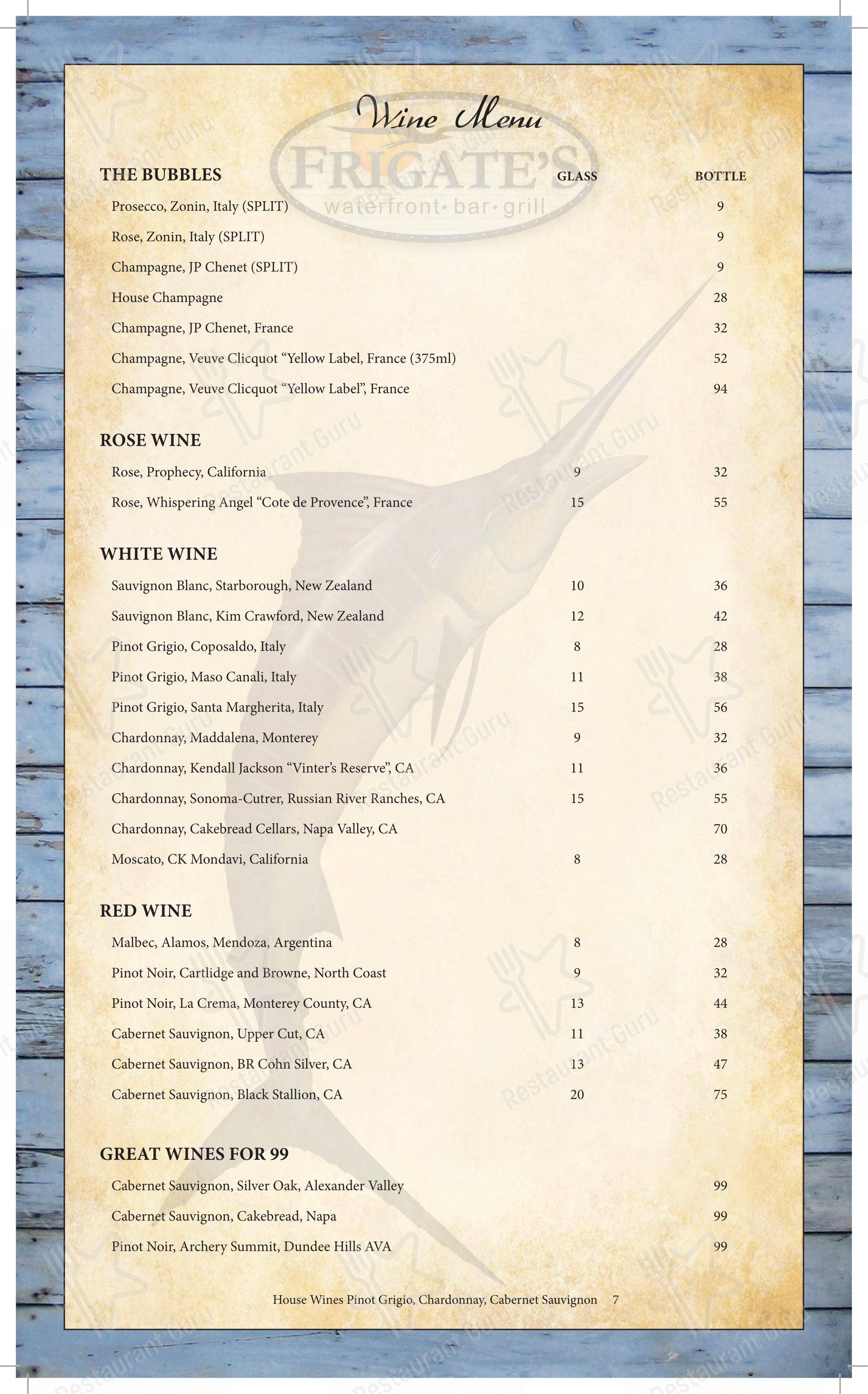 Menu at Frigate's Waterfront Bar & Grill - Melbourne, Melbourne