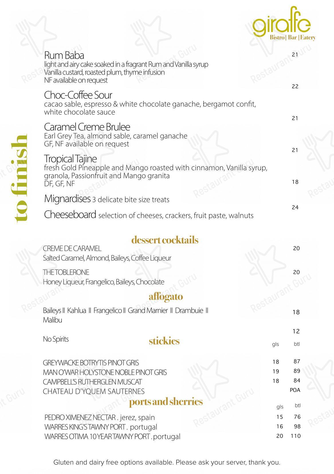 Menu at Giraffe restaurant, Auckland