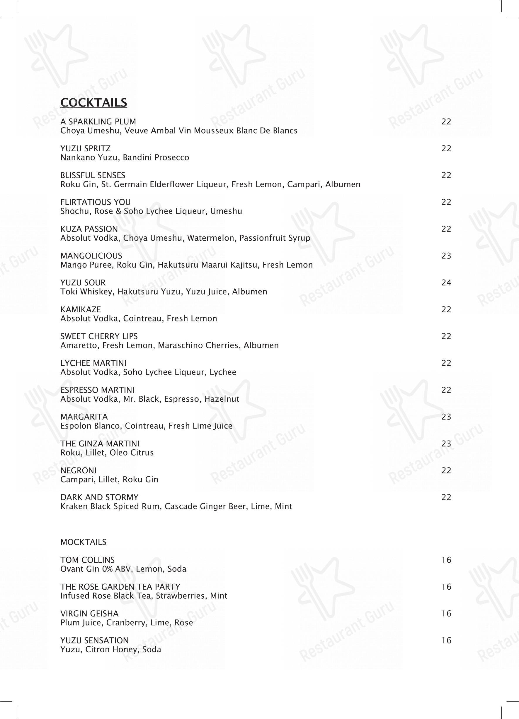 Menu at KUZA restaurant, Victoria Park, 393 Albany Hwy