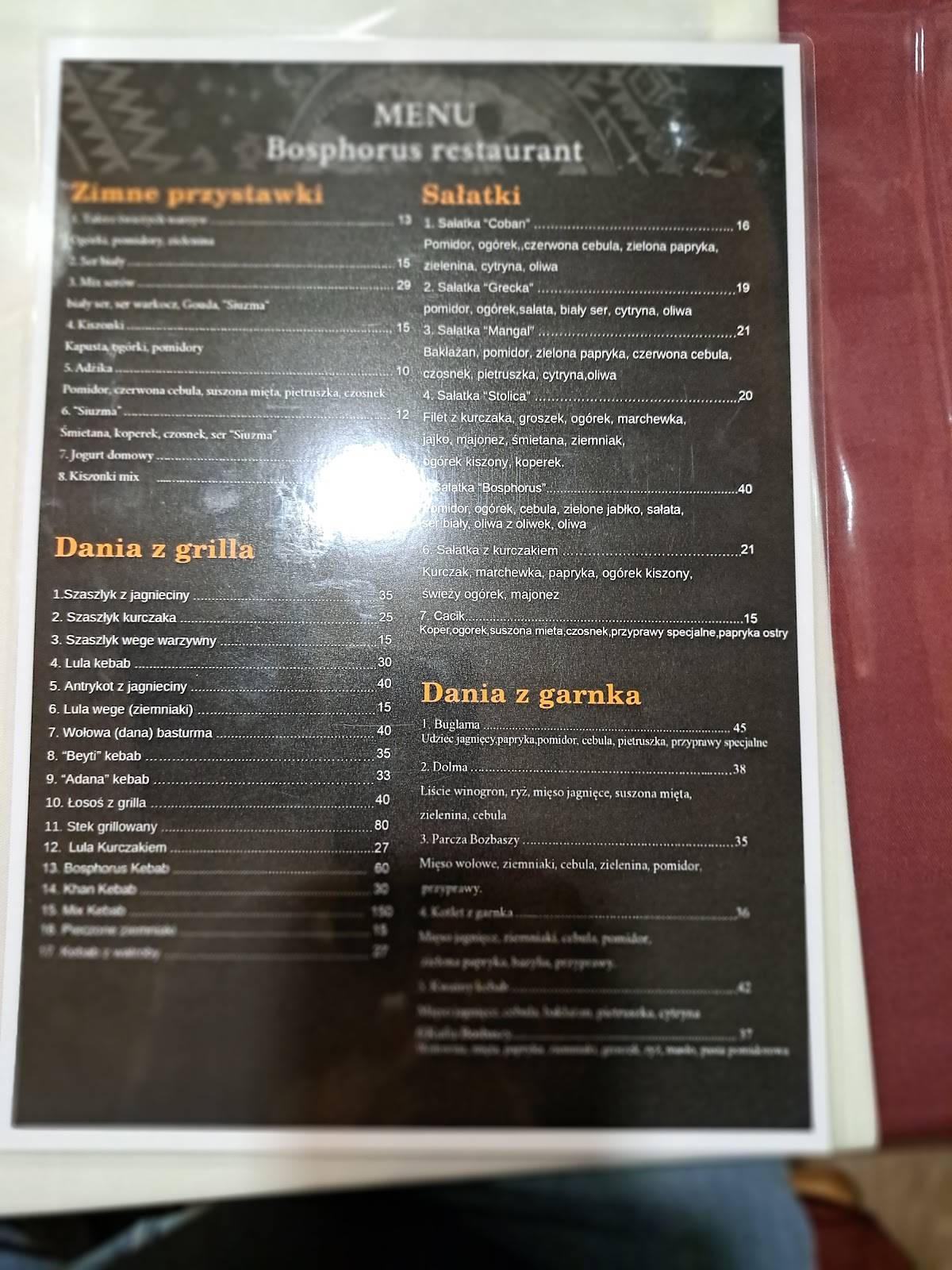Menu at Bosphorus restaurant, Katowice