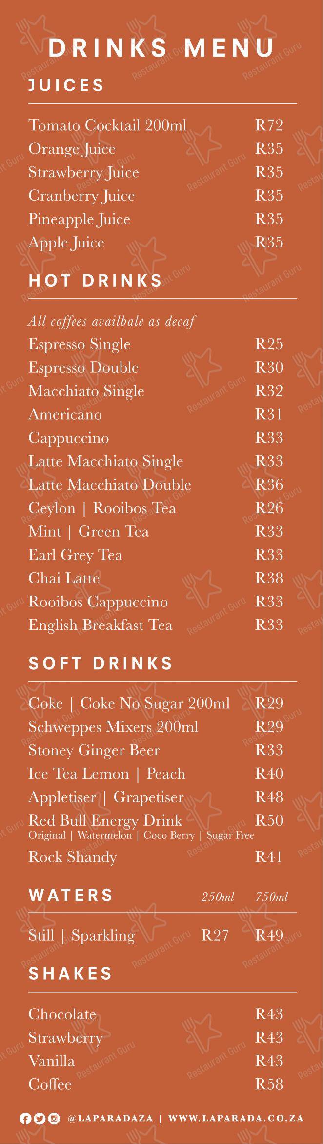 Menu at La Parada Emperors Palace restaurant, Kempton Park