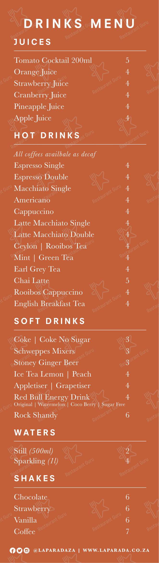 Menu at La Parada Emperors Palace restaurant, Kempton Park