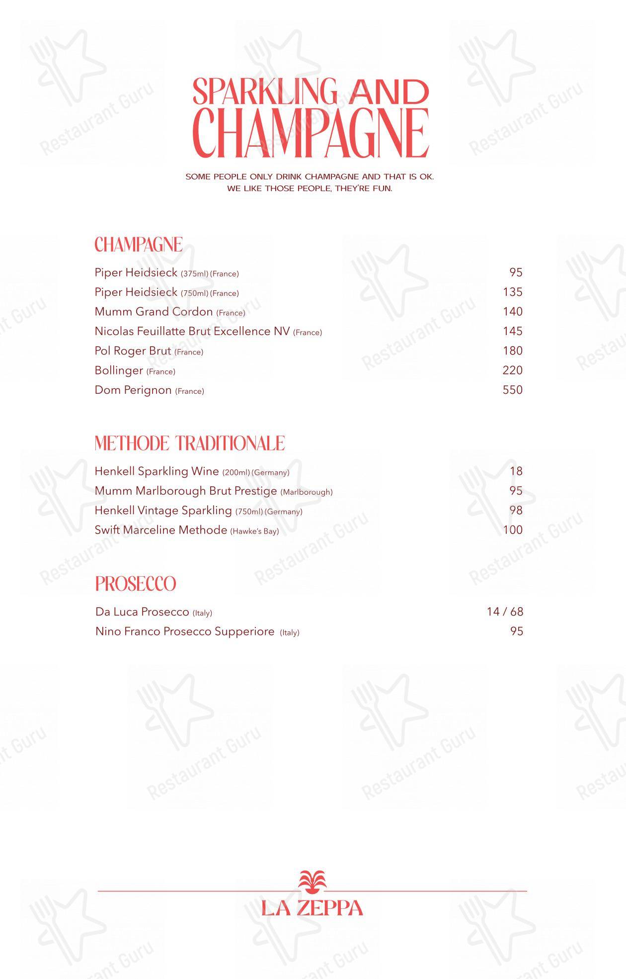 Menu at La Zeppa Kitchen and Bar, Auckland