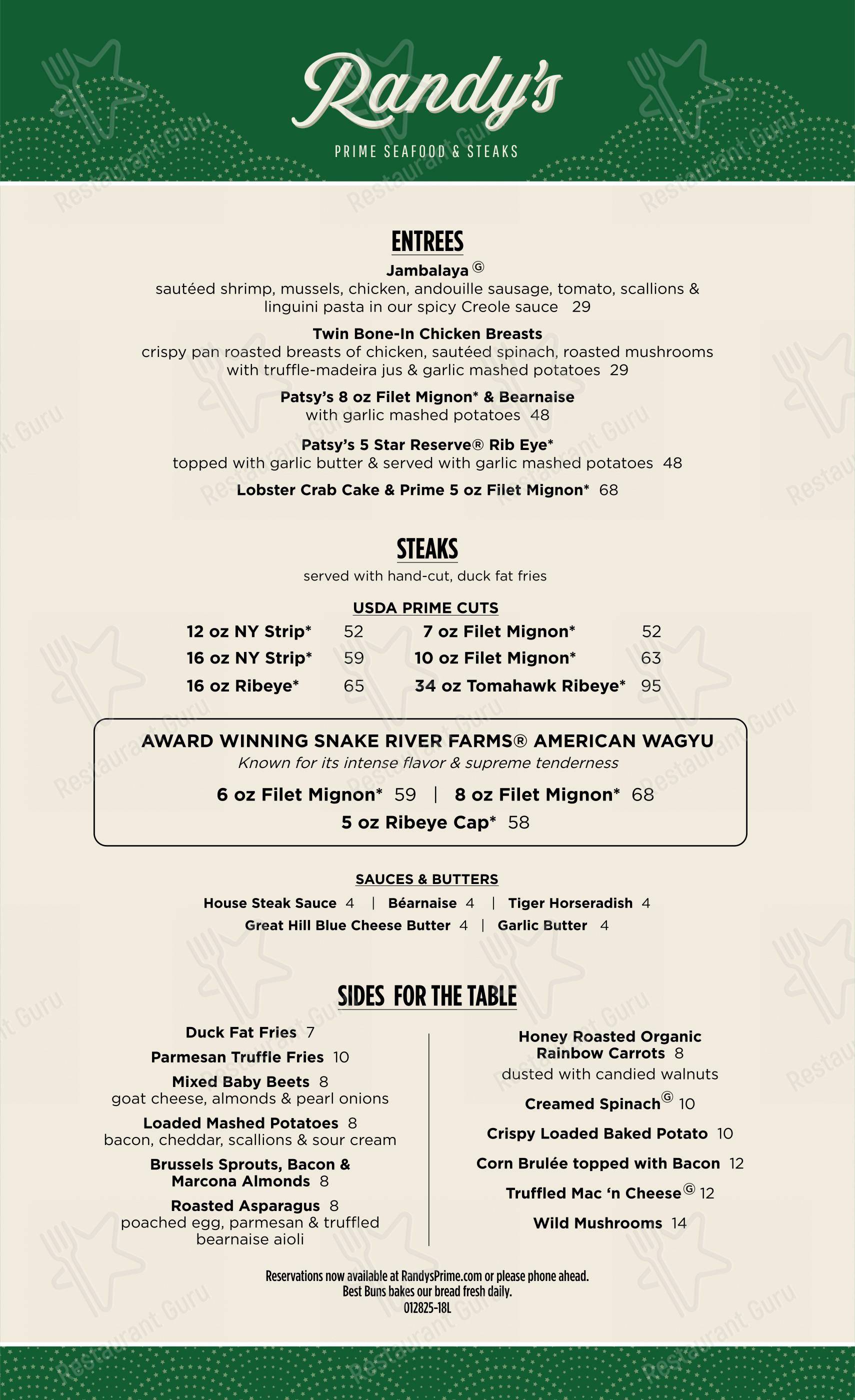 Menu at Randy's Prime Seafood and Steaks steakhouse, Vienna