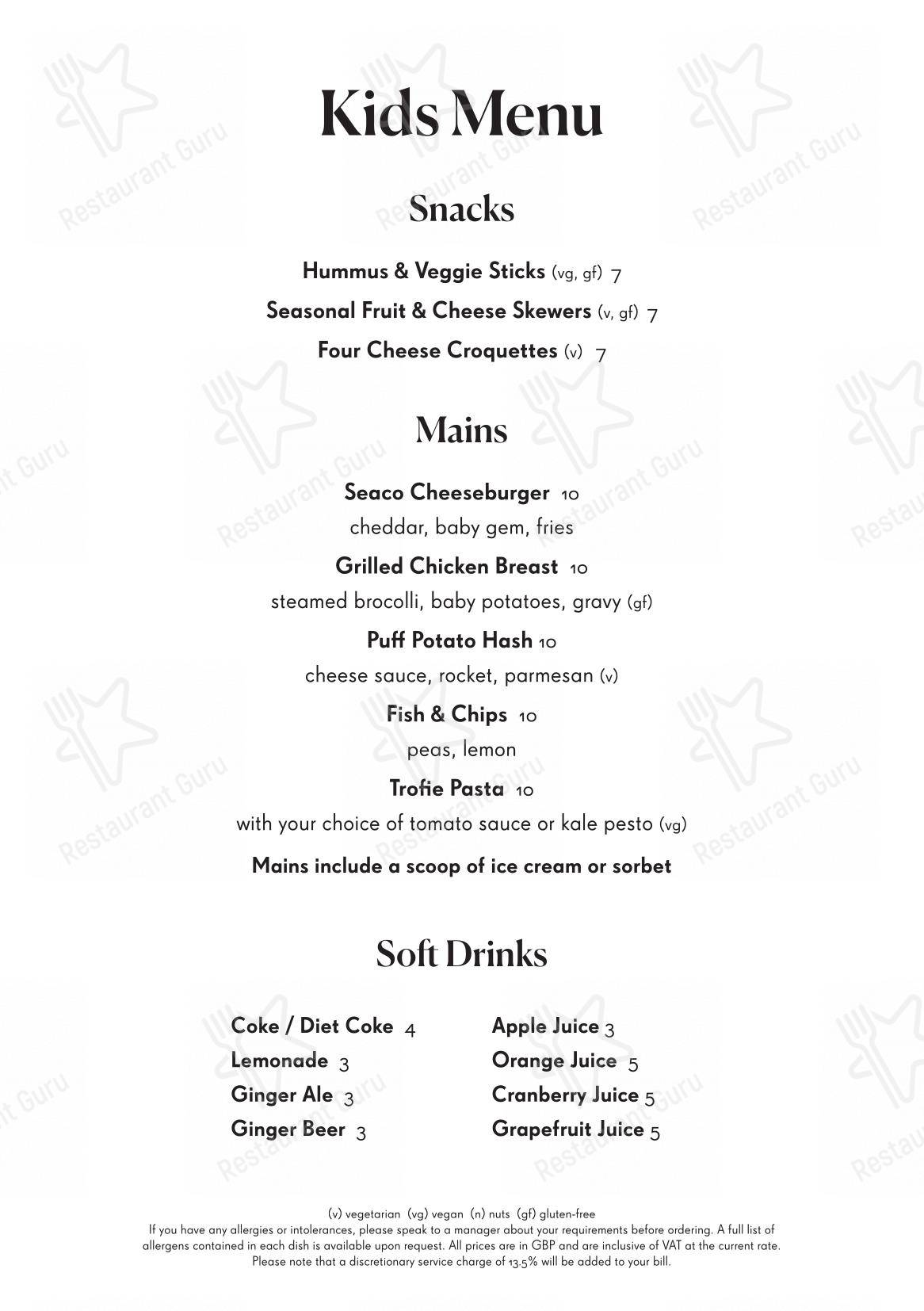 Menu at Sea Containers Restaurant, London